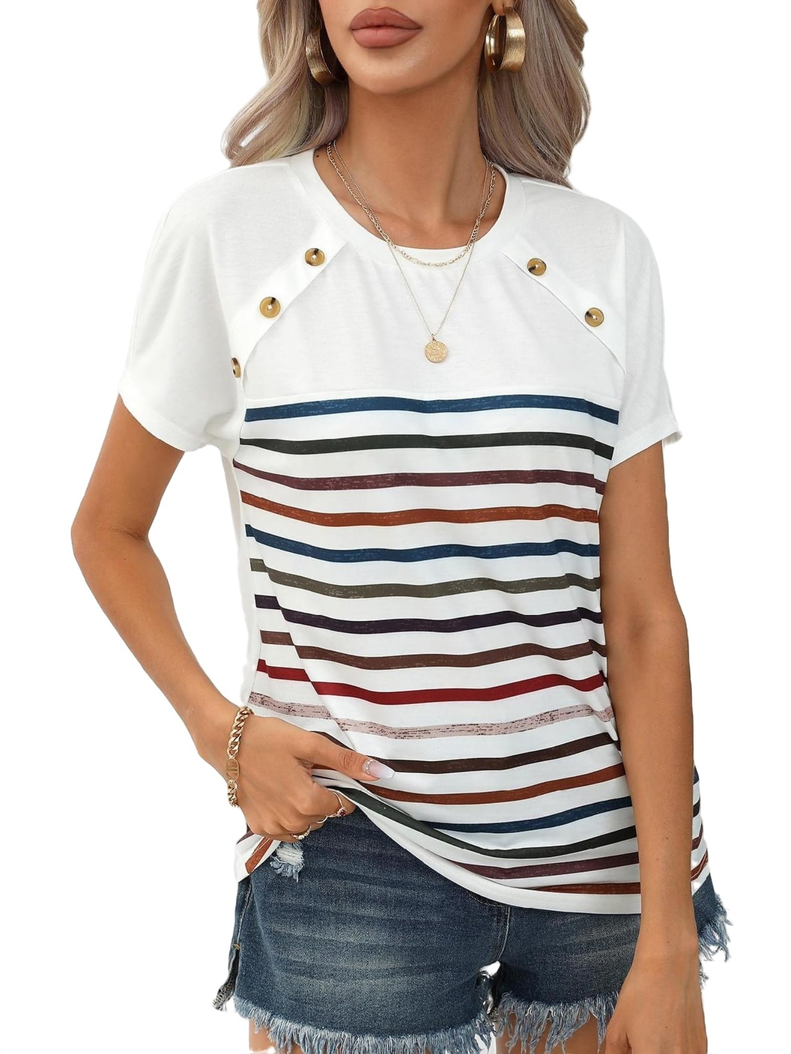 Casual Striped Round Neck Short Sleeve White Women T-Shirts (Women's) - Walmart.com