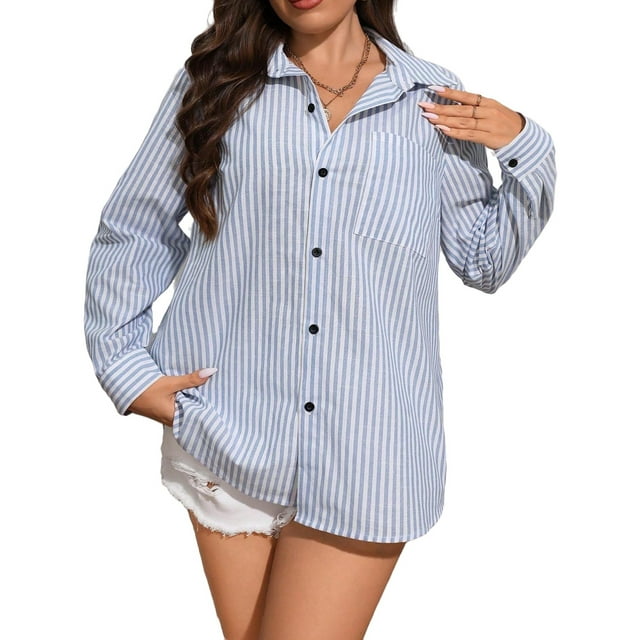 Casual Striped Shirt Long Sleeve Blue And White Plus Size Blouses