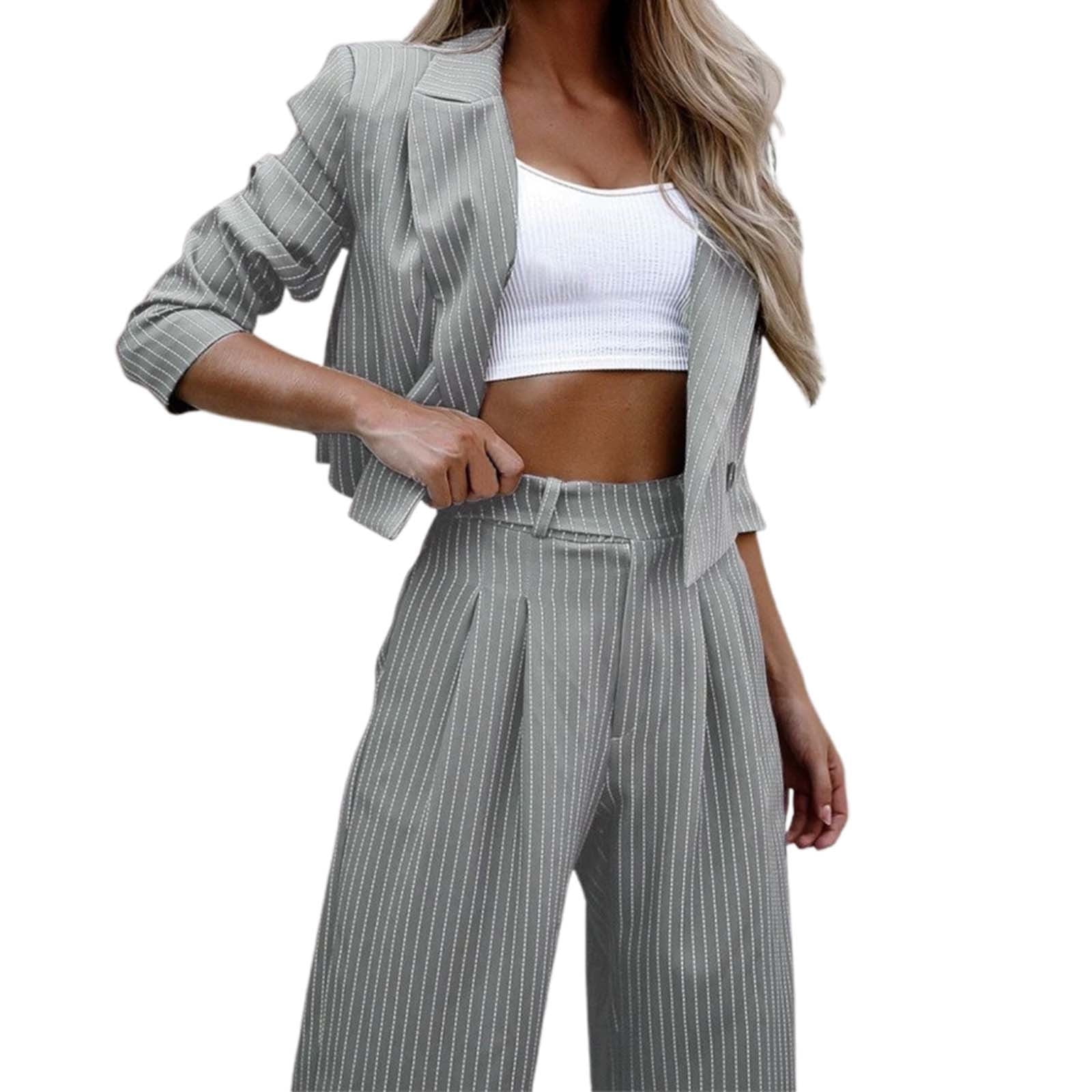 Casual Striped Short Lapel Suit Straight Pant Set - 3/4 Sleeve Button ...