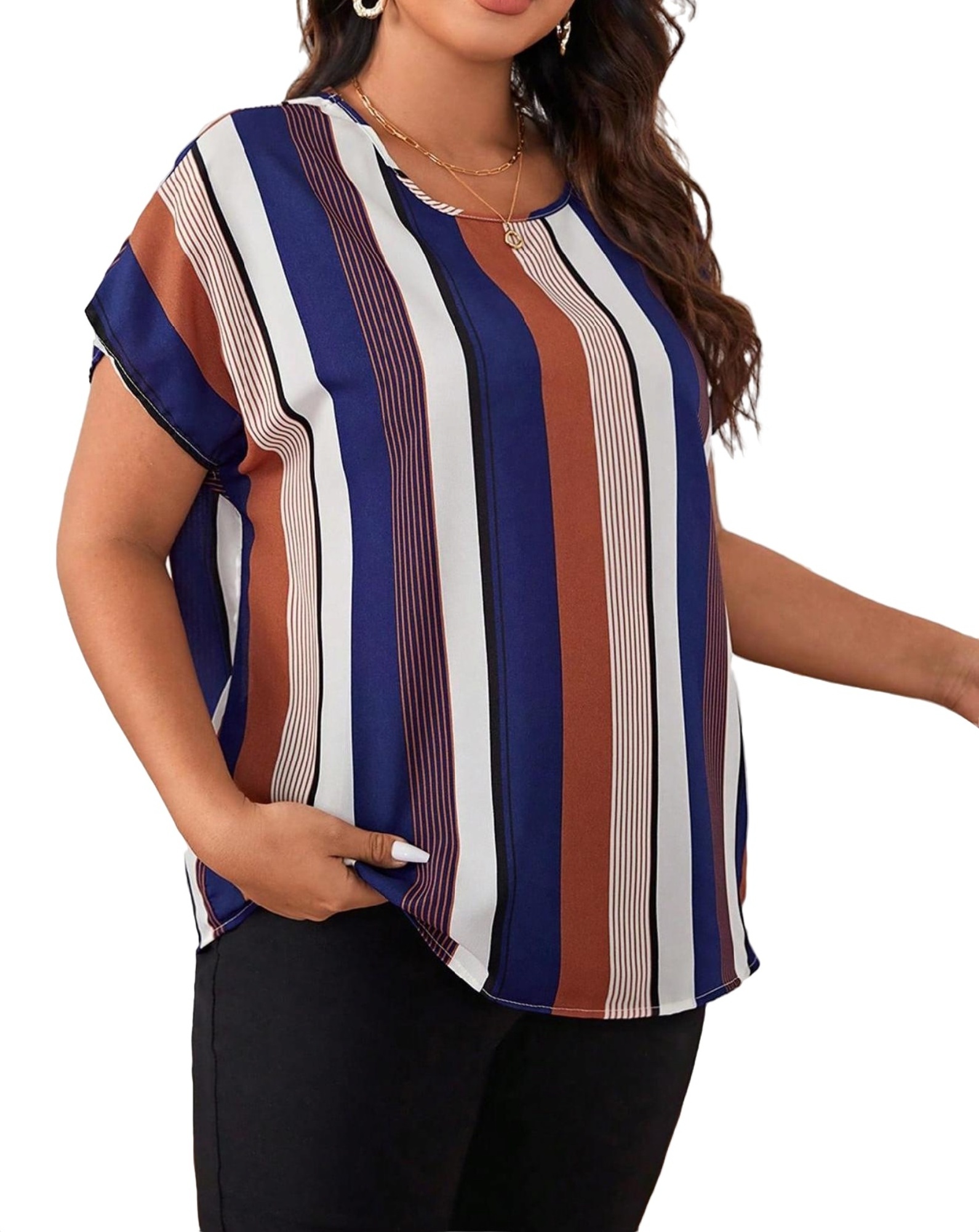 Casual Striped Top Round Neck Blue Plus Size Blouses - Walmart.com