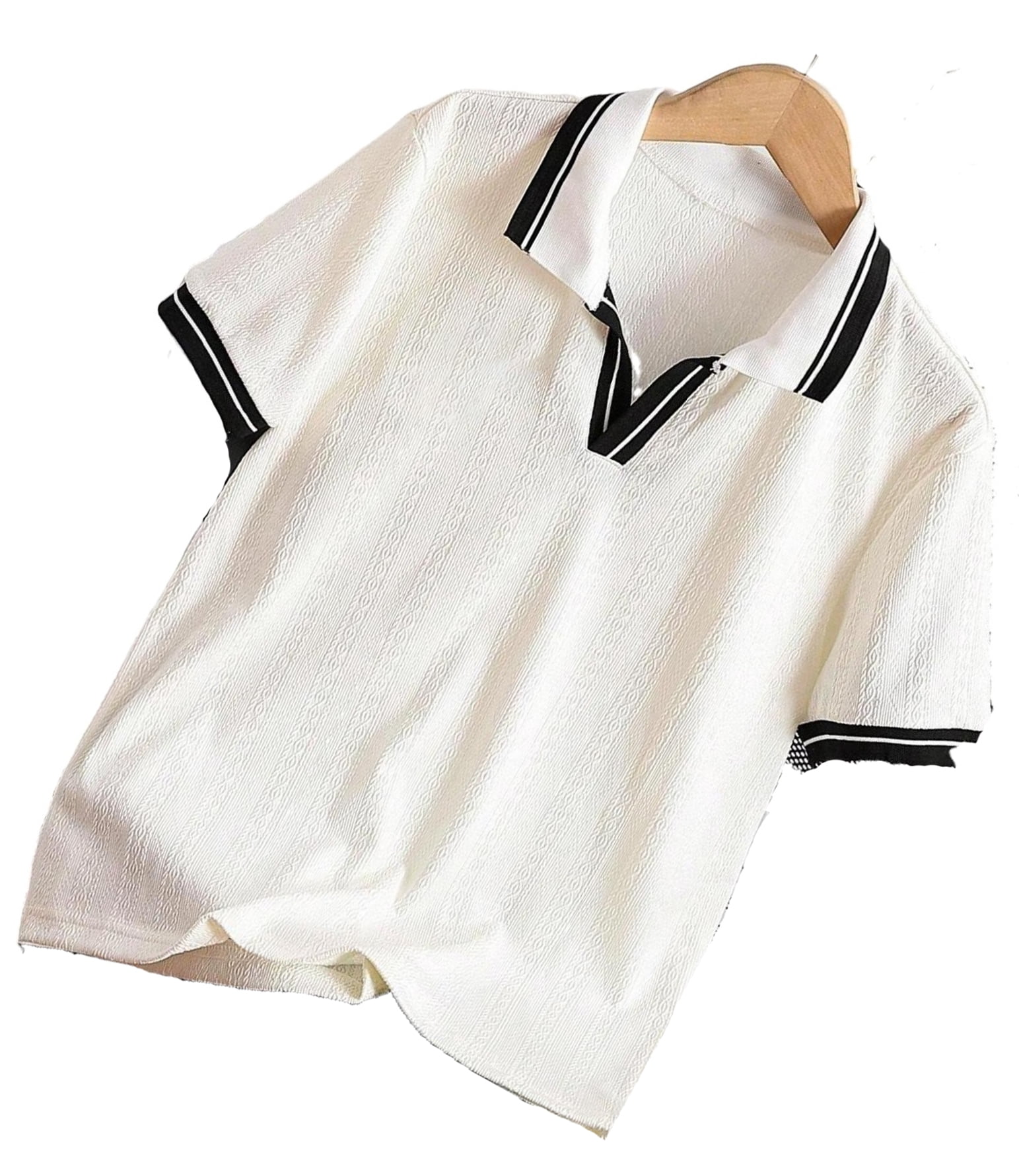 Casual Striped V neck White Short Sleeve Tween Boys Polo Shirts 8Y ...