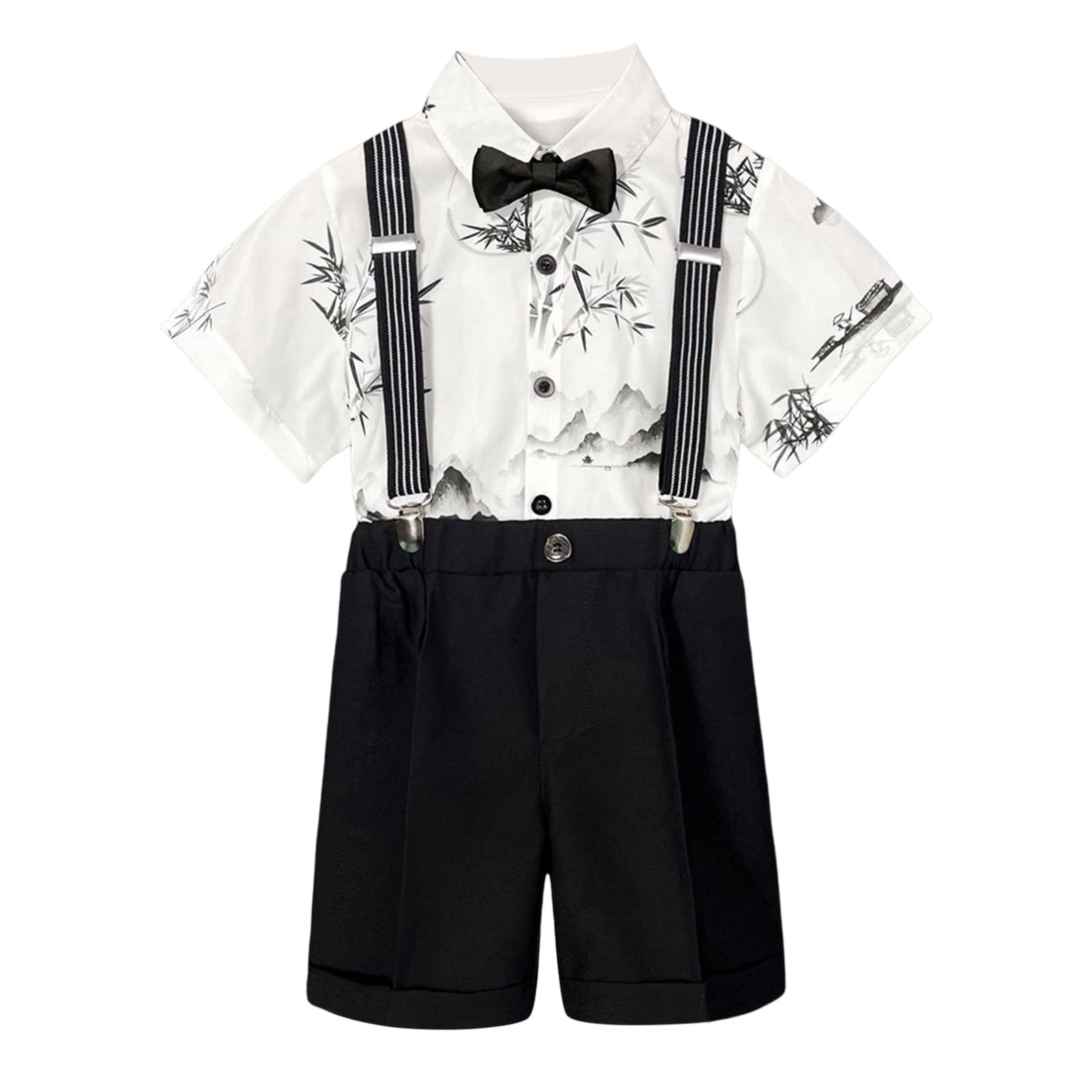 Casual Suit for Boys Cartoon Printed Shirt Solid Color Shorts Bow Tie ...