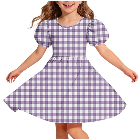 Casual Summer Dress Girls Puff Sleeve Aline Plaid Dresses Cross Back ...