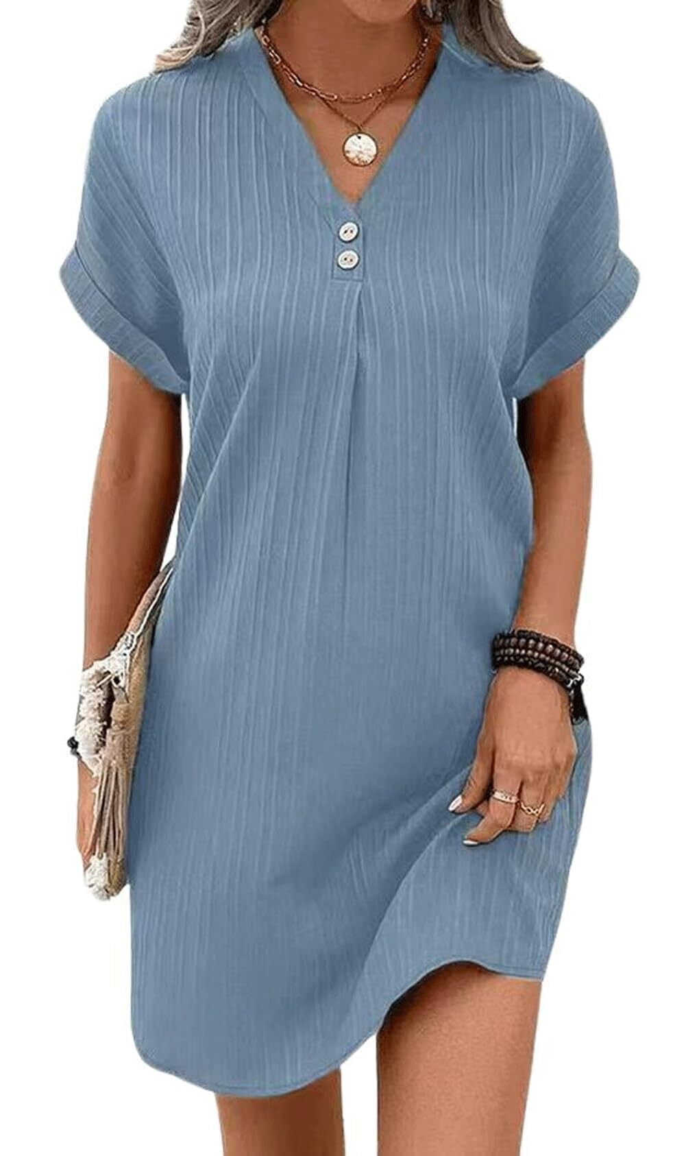 Casual Summer Dresses for Women 2025 Button Up V Neck Short Sleeve ...