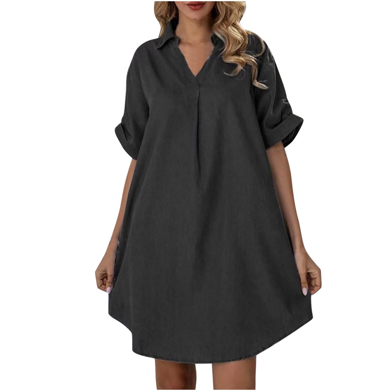 Casual Summer Dresses for Women Roll up Short Sleeve Loose Solid Shirt ...