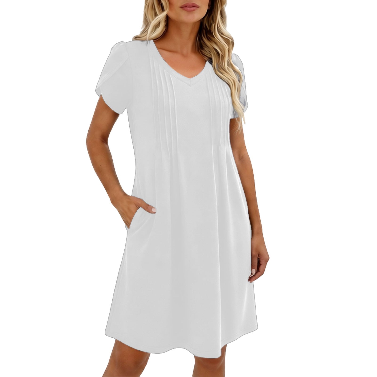 Casual Summer Dresses for Women Solid Color Short Sleeve V Neck Relaxed ...
