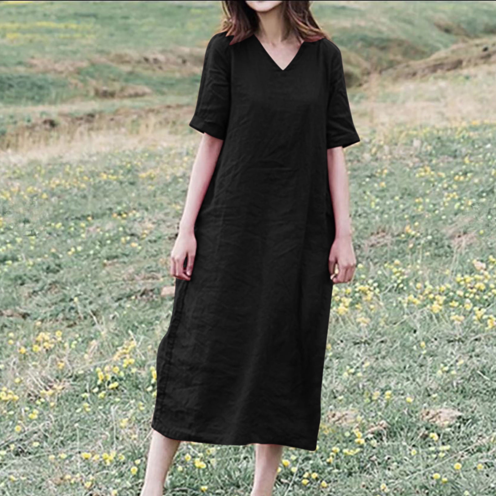 Casual Summer Dresses for Women V Neck Short Sleeve Cotton Linen Dress ...