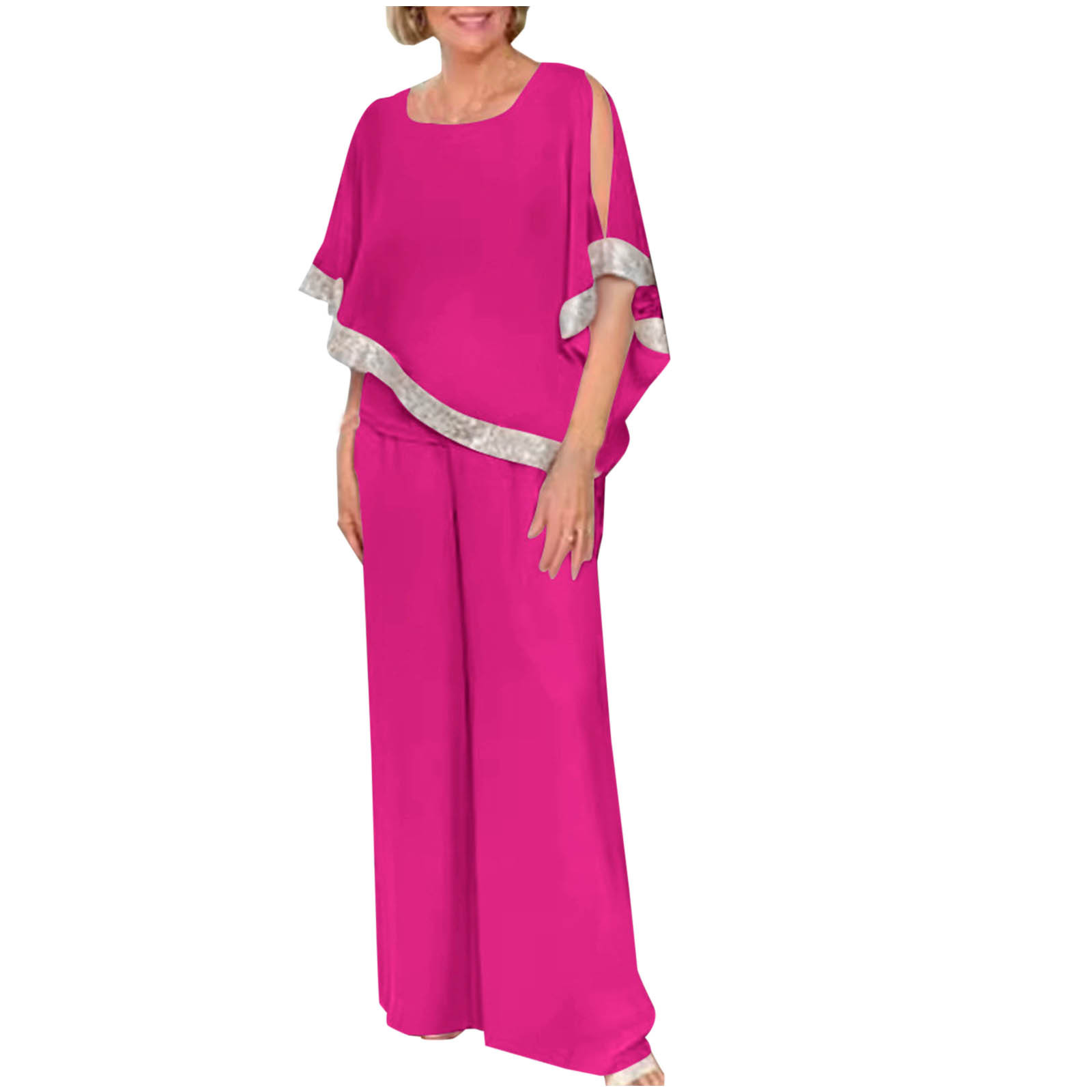 Casual Summer Set for Women Batwing Sleeve Flowy Top and Wide Leg Pants ...