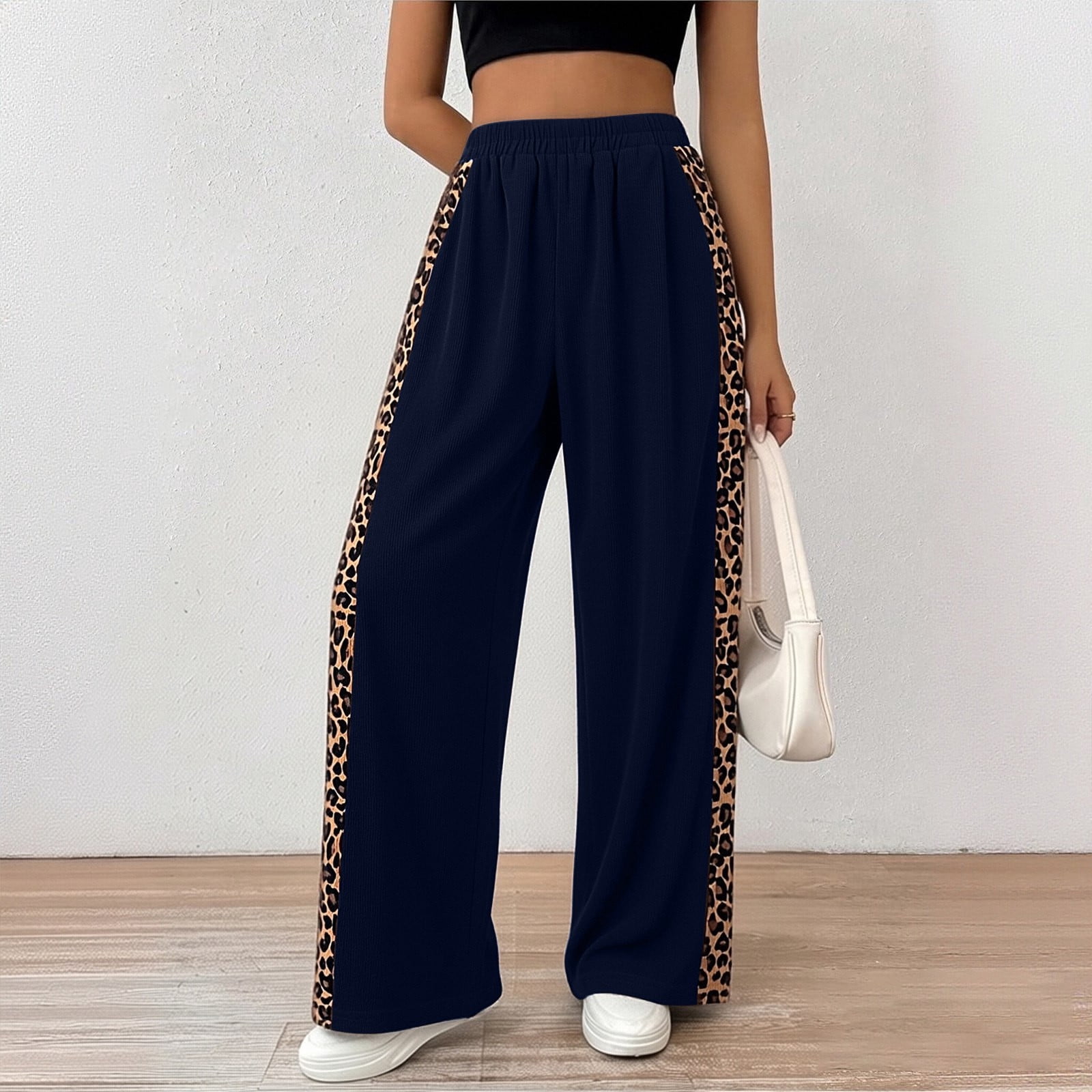 Casual Sweatpants for Women Leopard Print Block Side, Striped Wide Leg ...