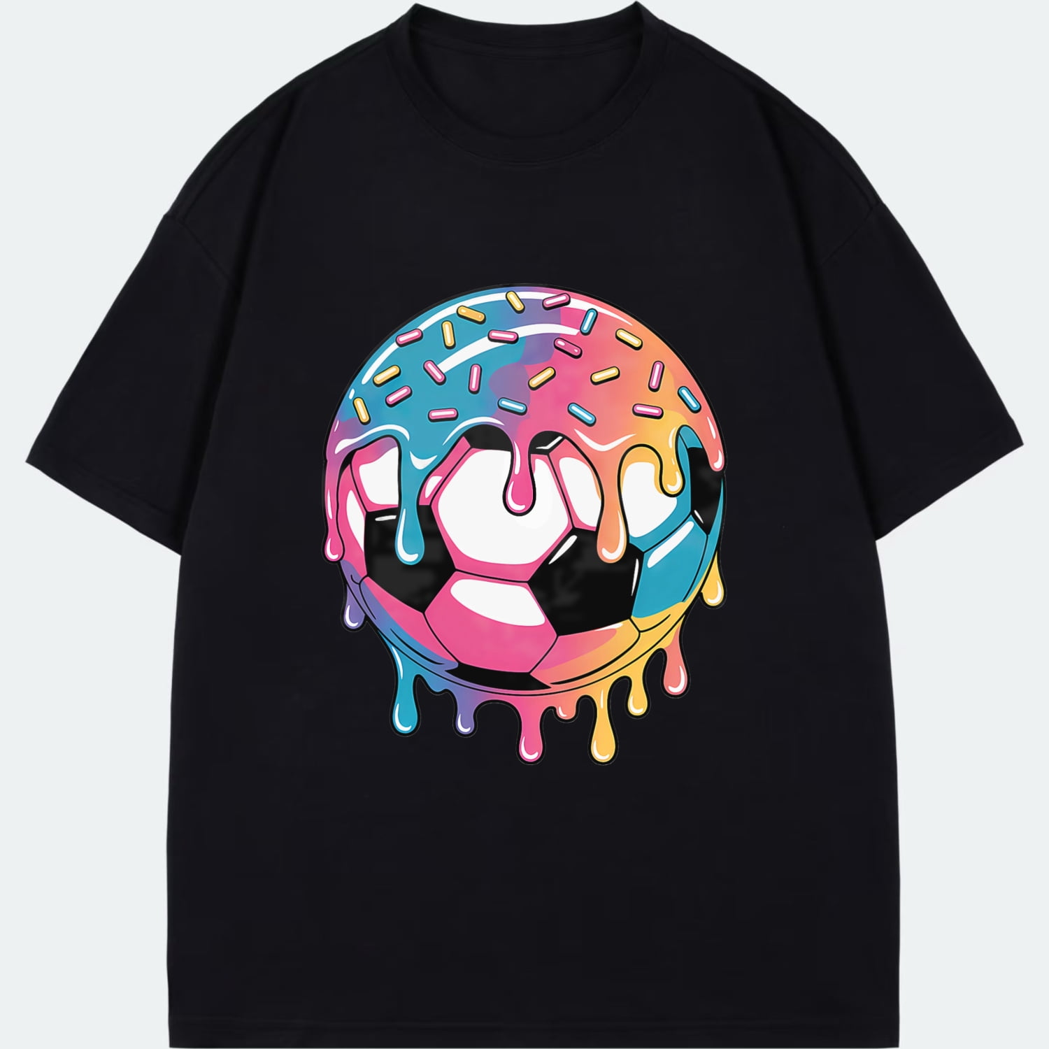 Casual T Shirt Black Soccer Ball With Rainbow Donut Glaze And Sprinkles ...