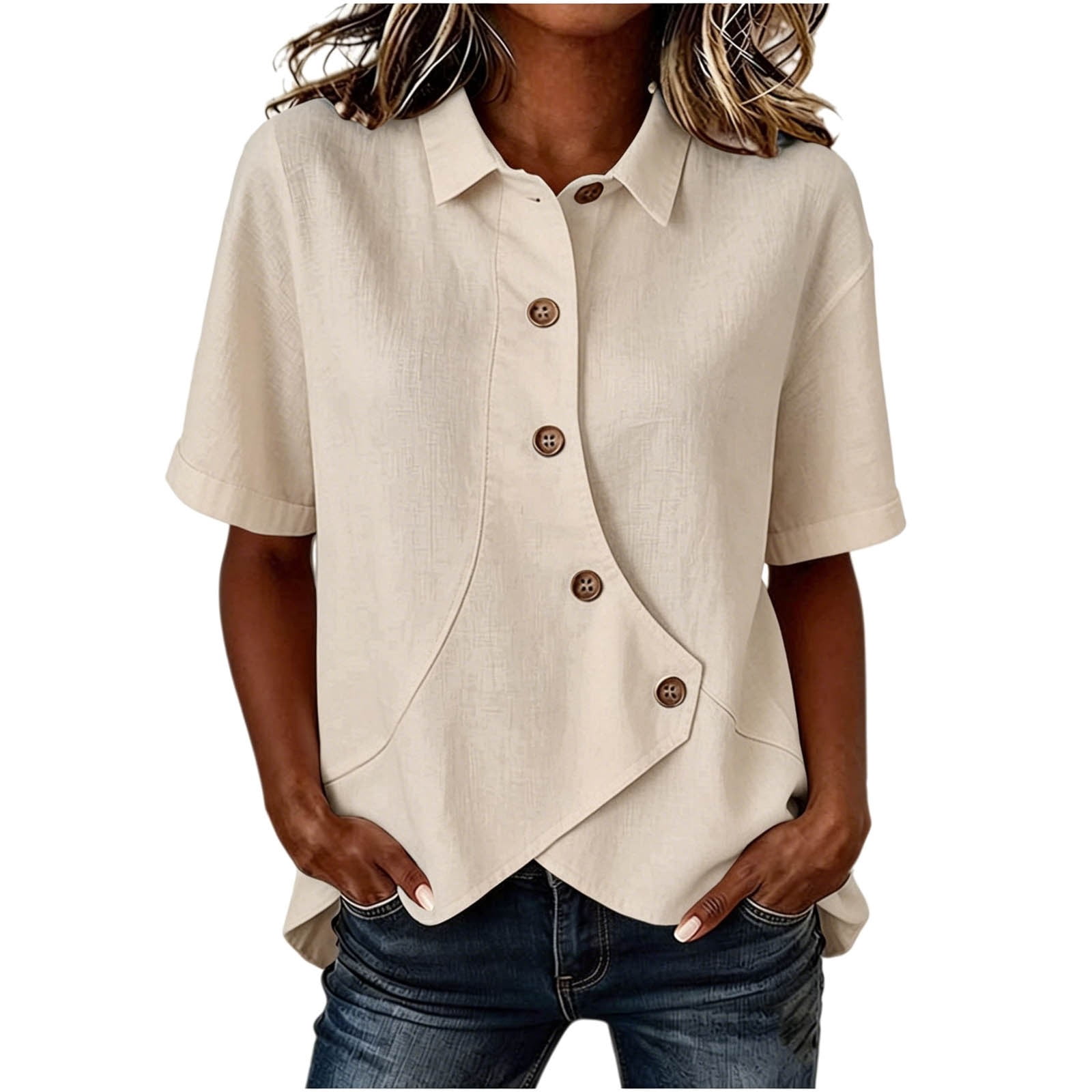 Casual T-Shirts for Women Fashion Short Sleeve Collar Pleated Button ...