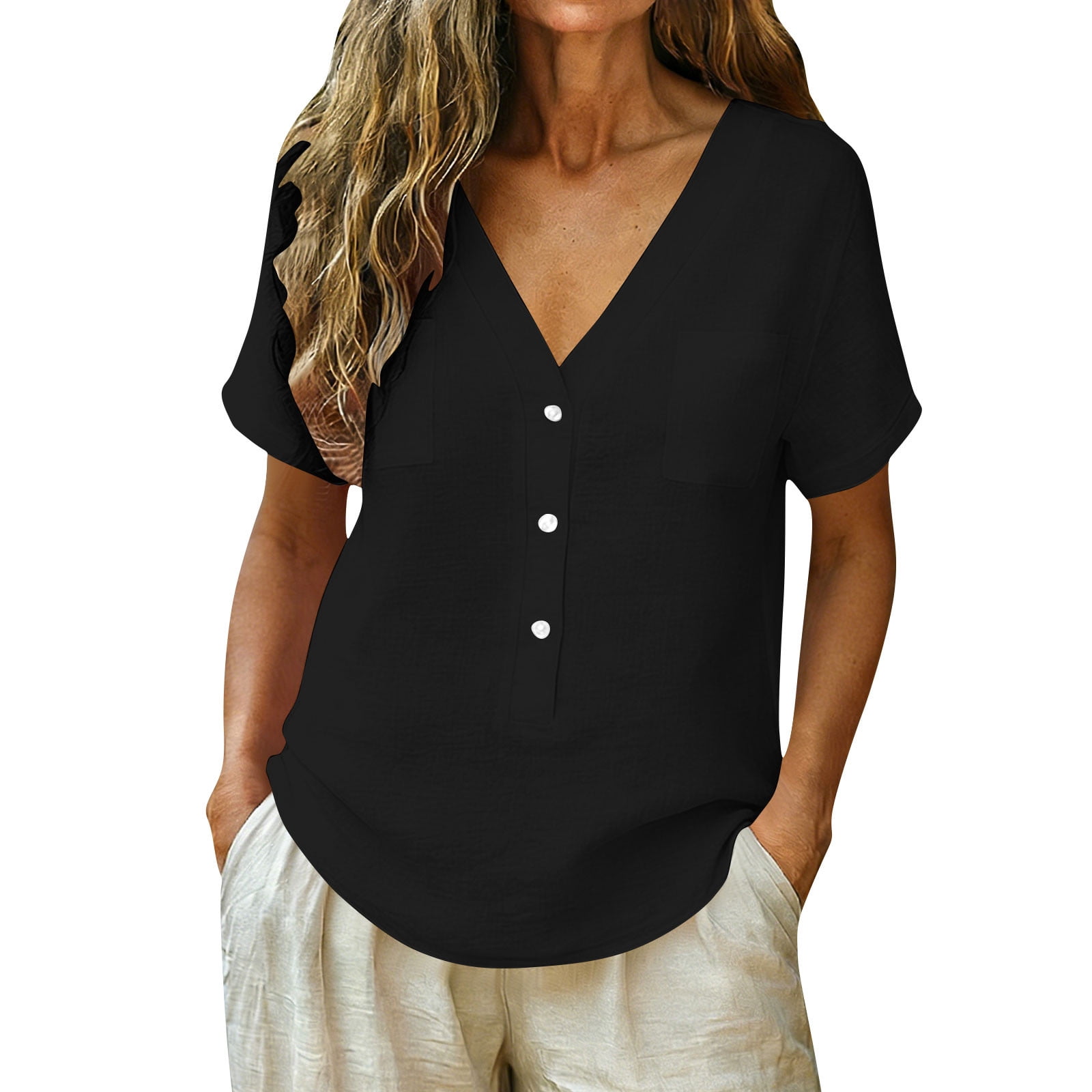 Casual T-Shirts for Women V-neck Relaxed Fashionable Double-pocket ...