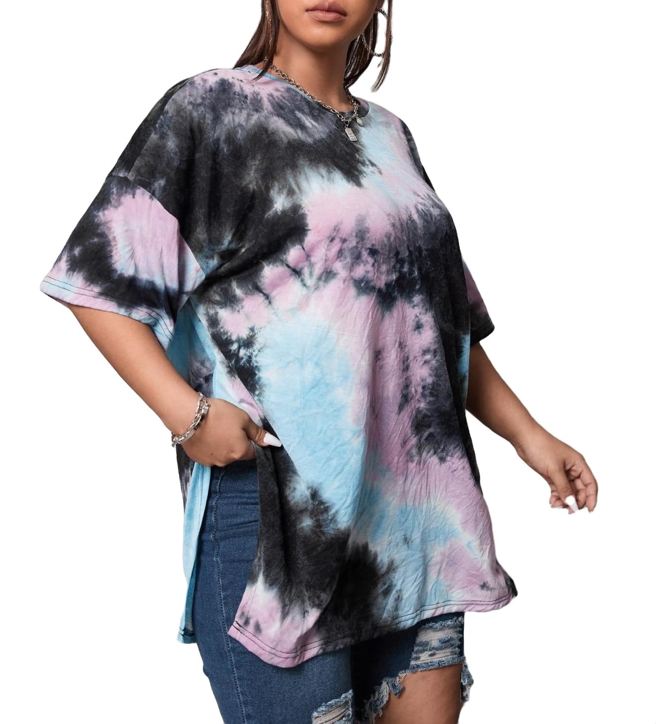 Casual Tie Dye Round Neck Elbow Length Multicolor Plus Size T Shirts