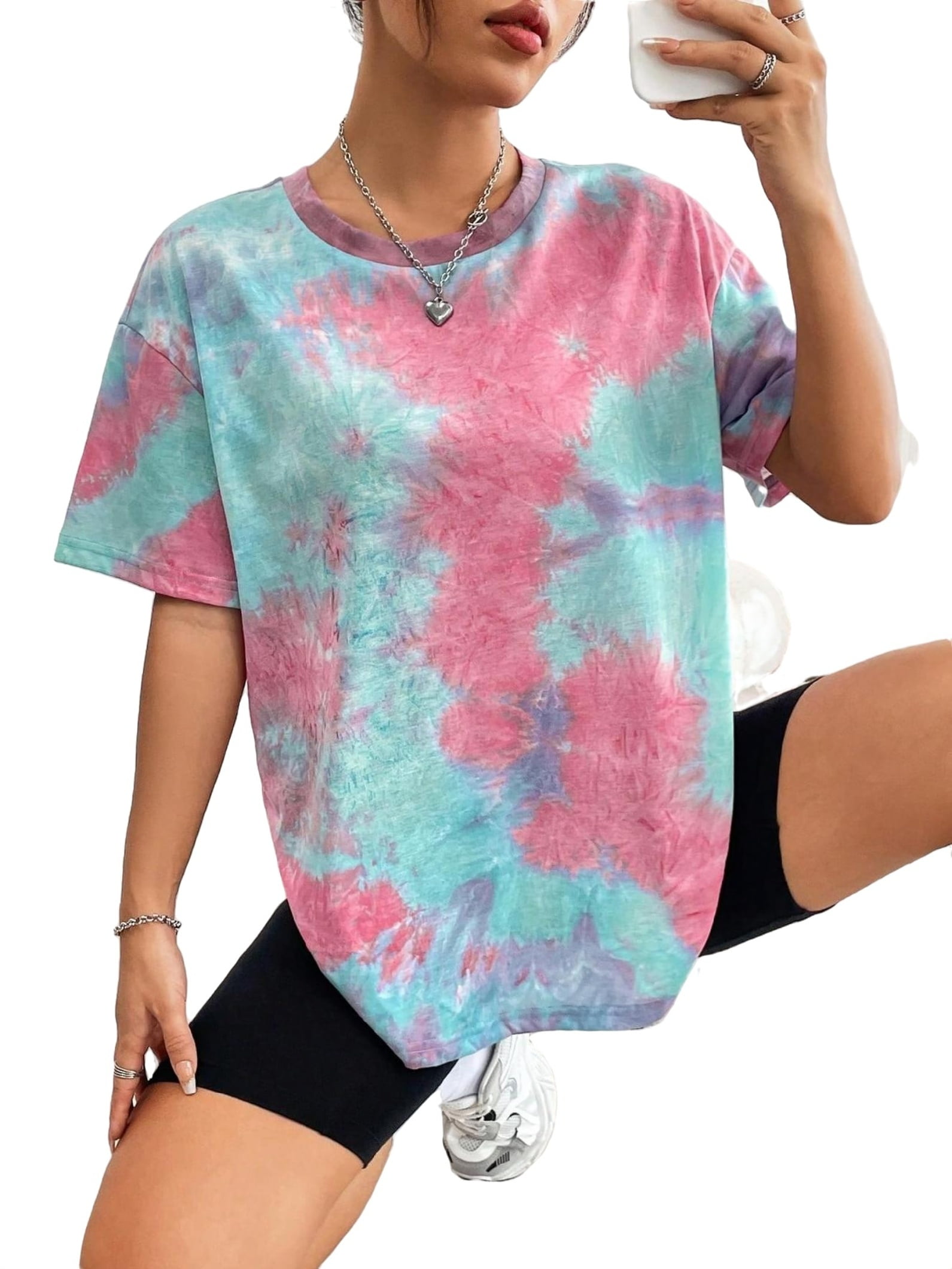 Casual Tie Dye Round Neck Elbow Length Multicolor Women T Shirts Women