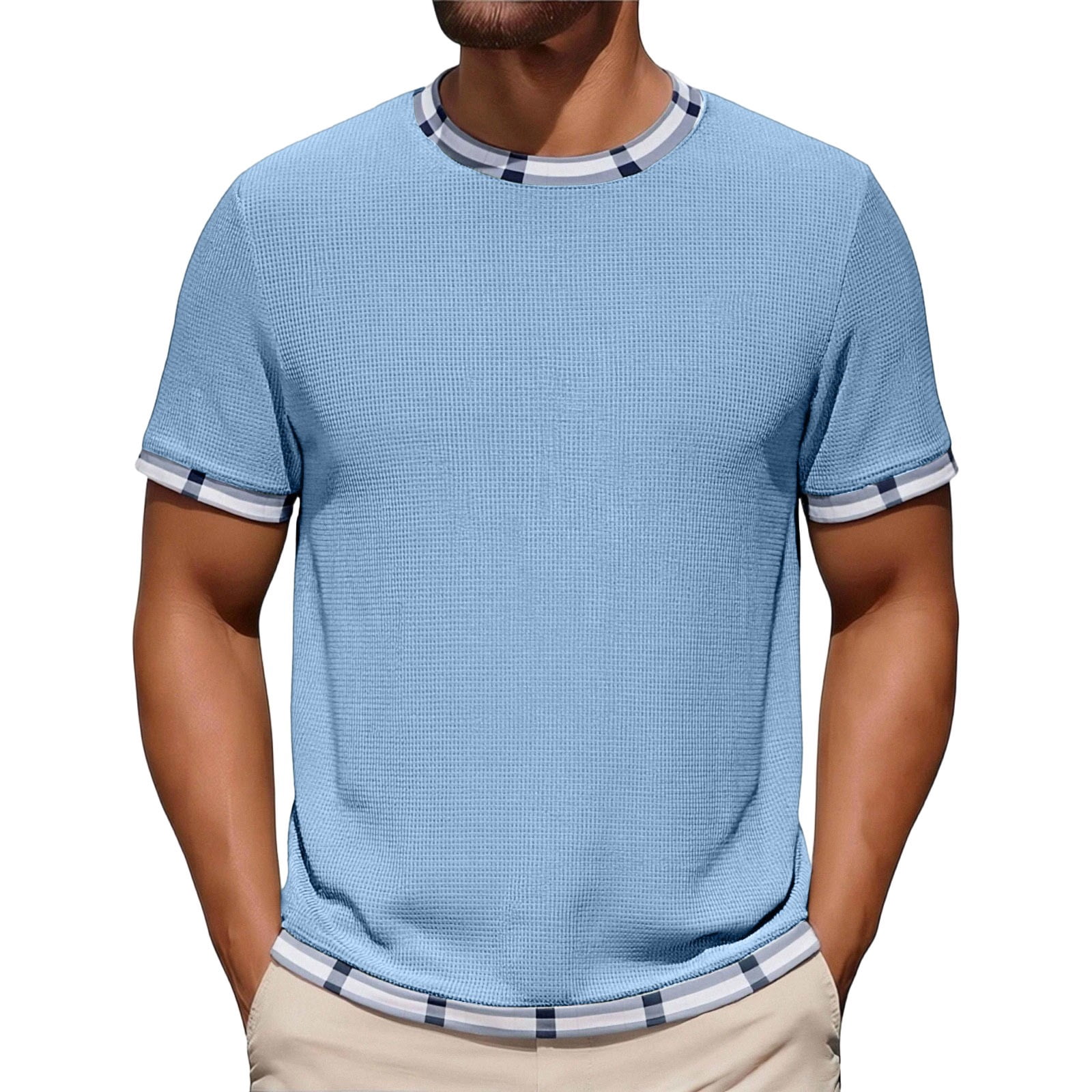 Casual Top for Men Color Block Trim Crew Neck Tees Short Sleeve T Shirt ...