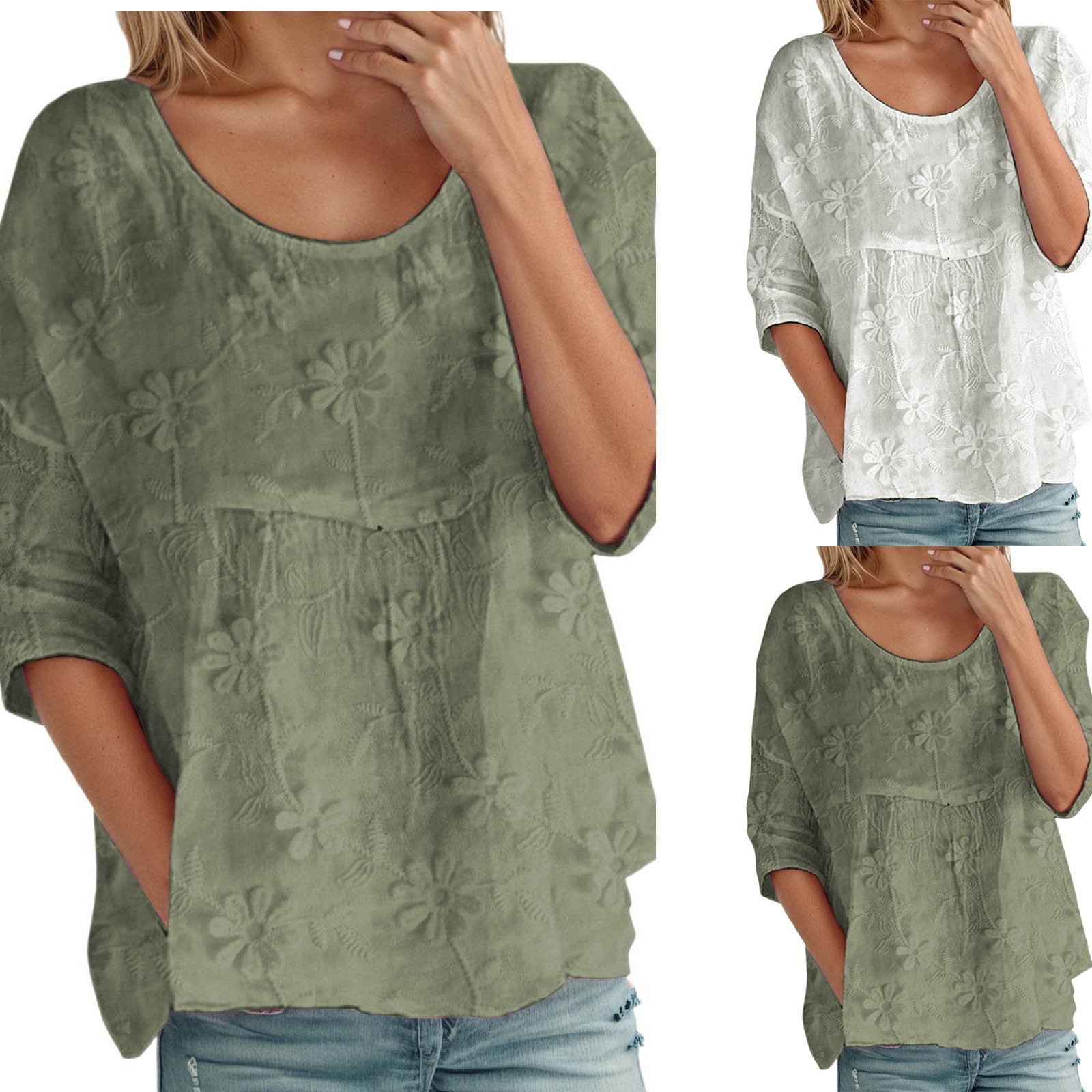 Casual Top for Women Bat Print Sleeve Pleated Round Neck Tunic Beach ...