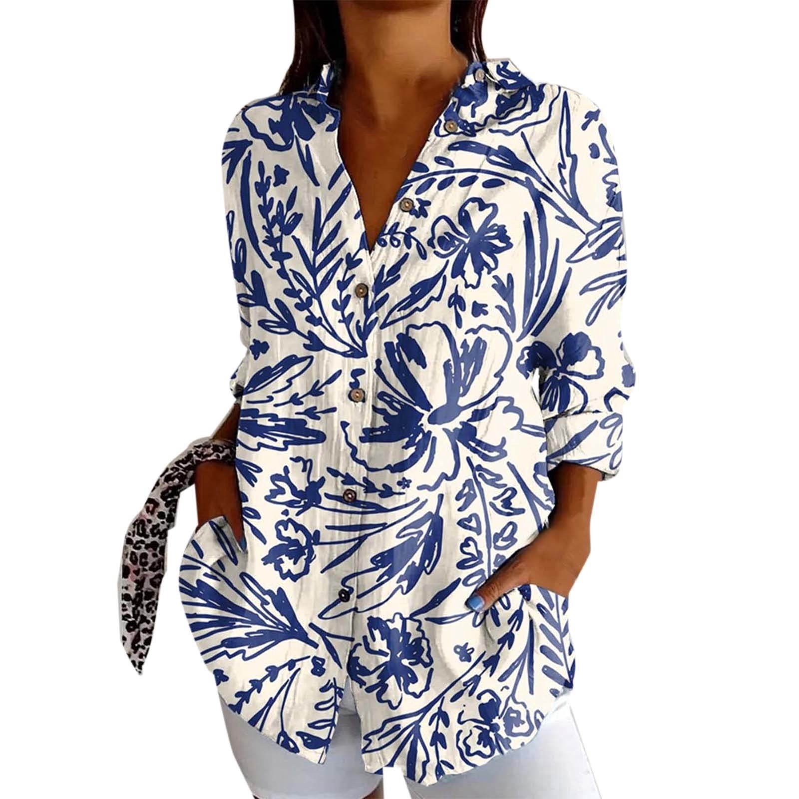 Casual Top for Women Elegant Printed Turn Down Collar Button Couple ...