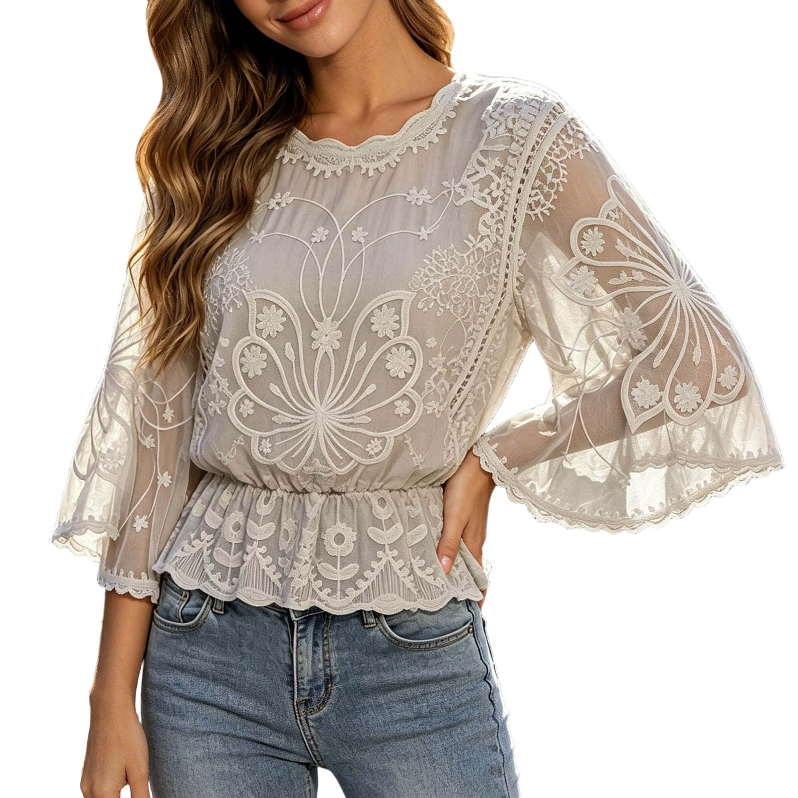 Casual Top for Women Lace Trim Short Sleeve Chiffon Tunic Womens ...