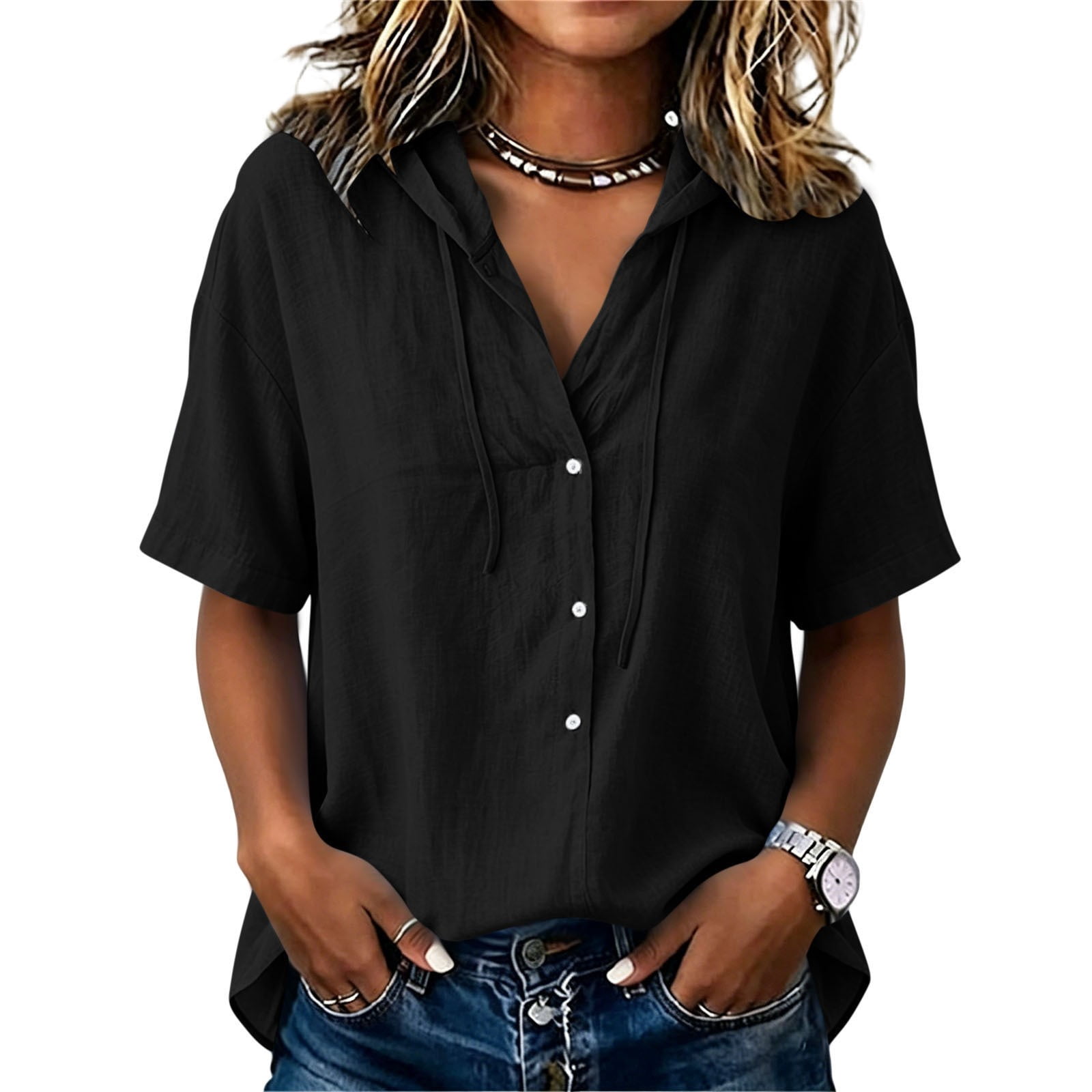 Casual Top for Women Short Sleeve Sun Hooded Button Front Blend Beach ...