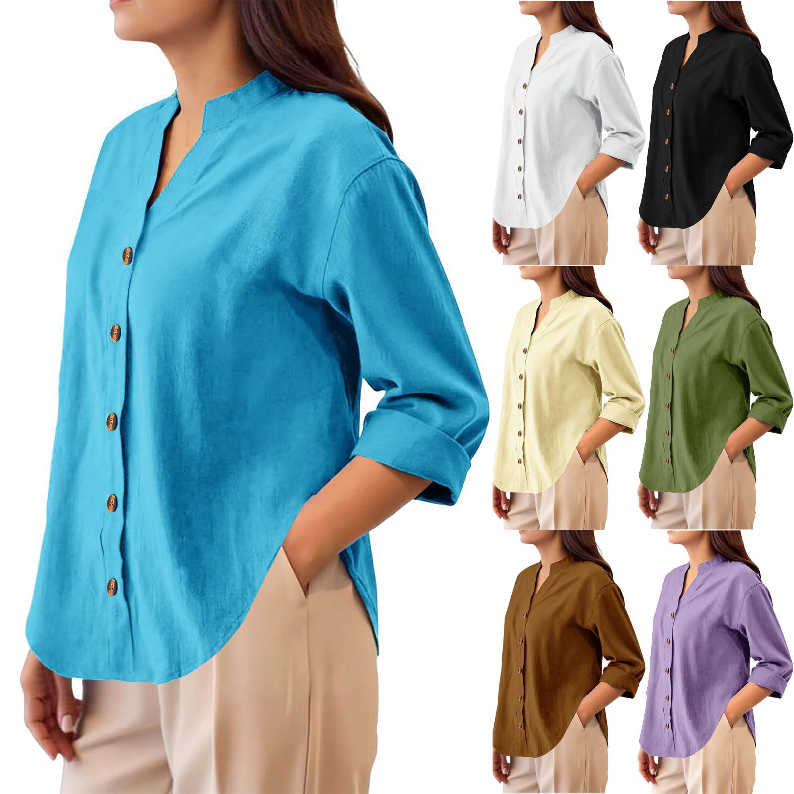 Casual Top for Women Solid Color Collar Button Front Cottonblend Ladies ...
