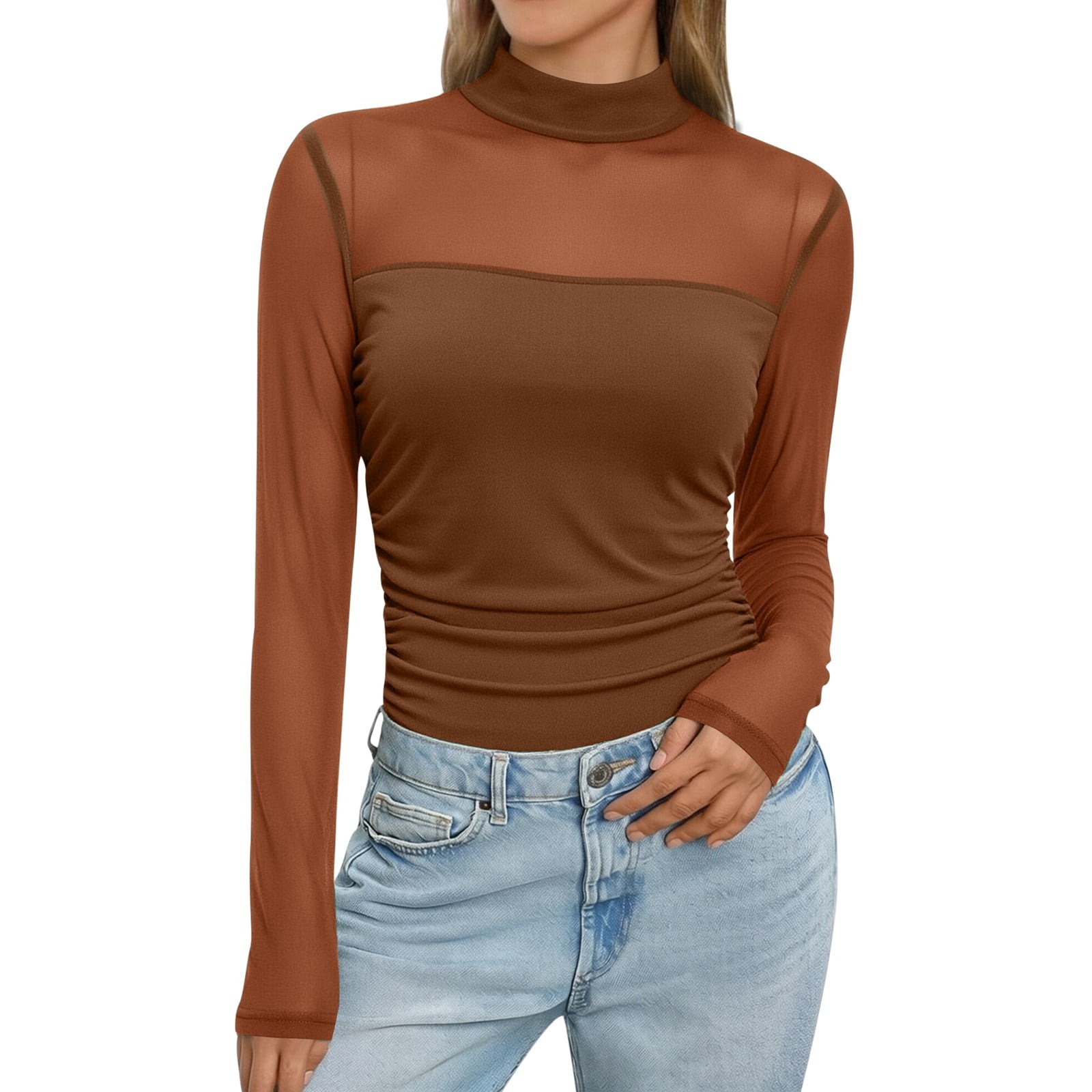 Casual Top for Women Solid Color Half Neck Mesh Spliced Womens ...