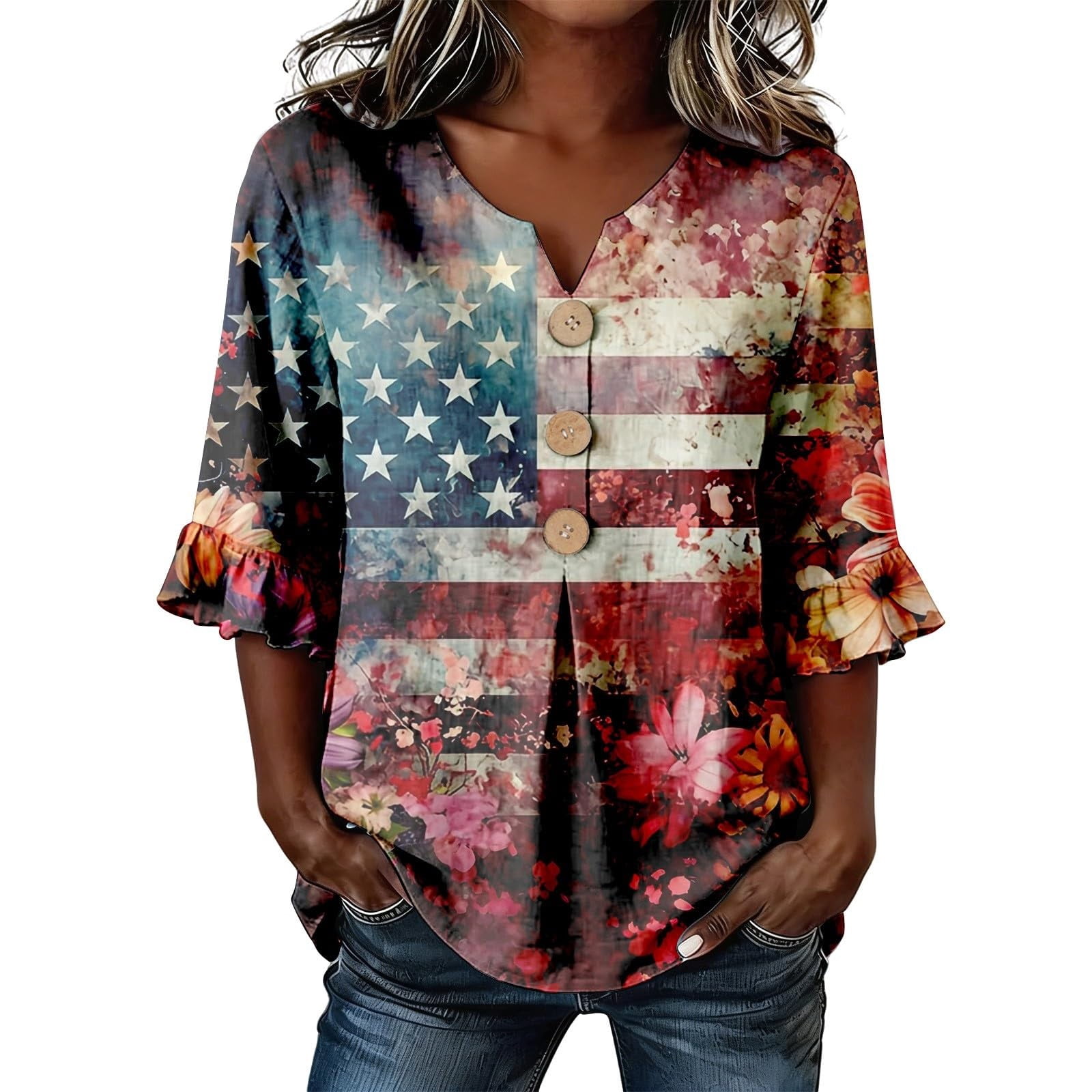 Casual Top for Women Striped Patriotic Print Short Sleeved Anniversary ...