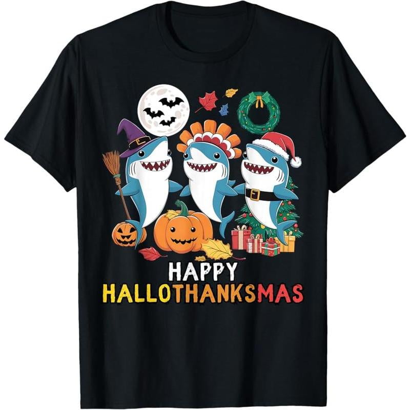Casual Tops For Men,"HAPPY HALLO THANKS MAS"Text Christmas Shark Print ...