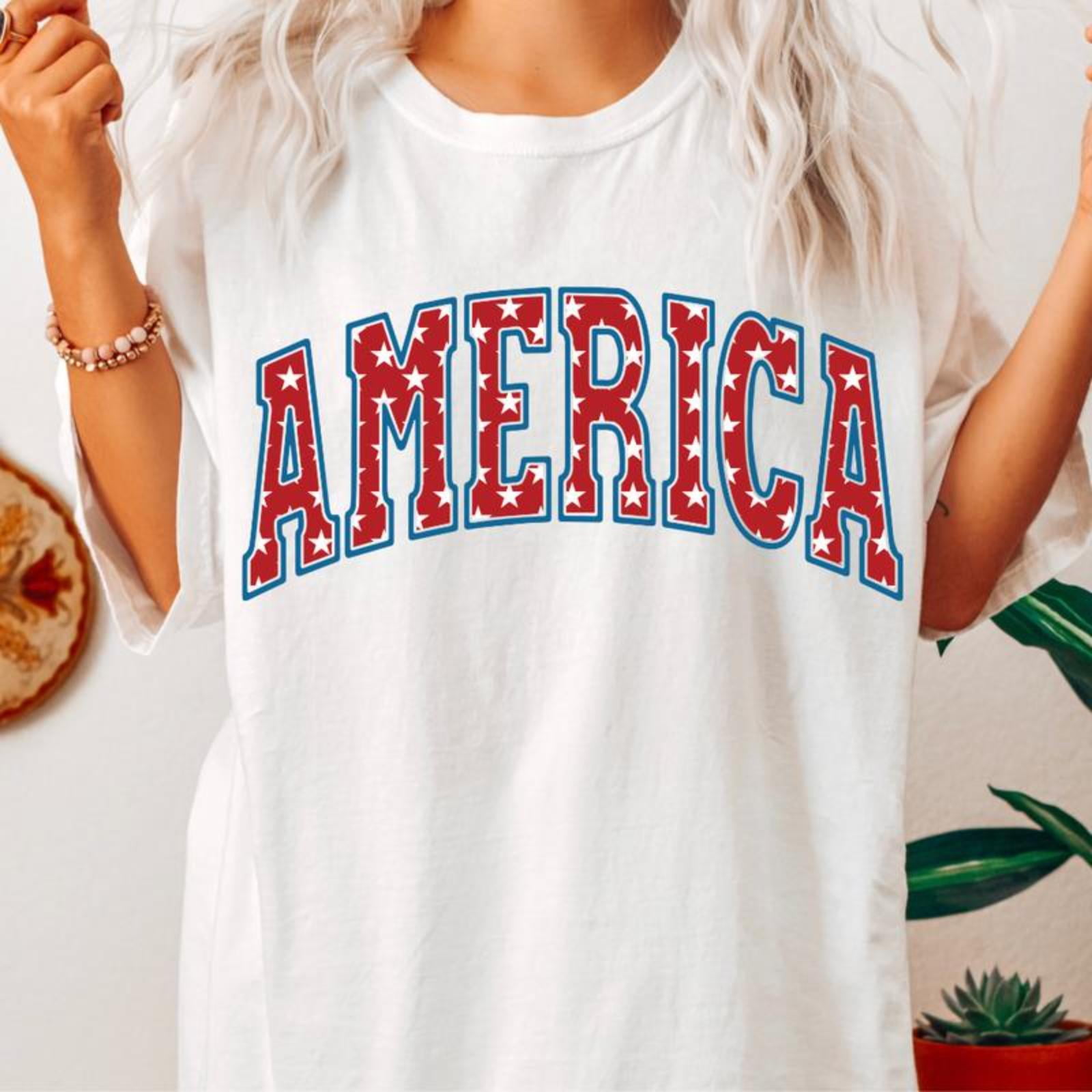 Casual Tops For Women,"AMERICA"Text Print Tees,Crew Neck,for Daily ...