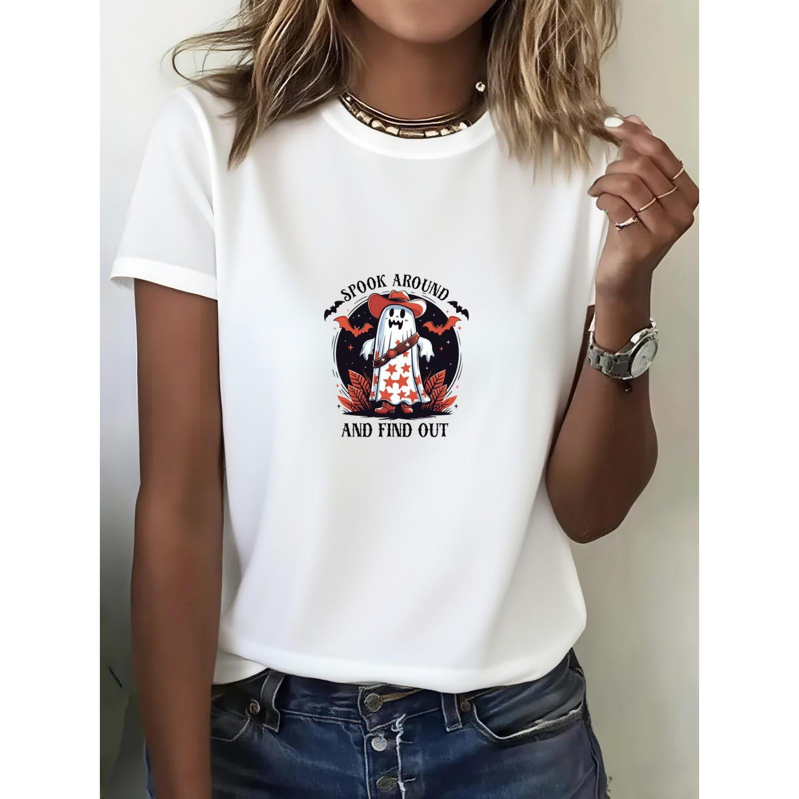 Casual Tops For Women,"SPOOK AROUND..."Text Halloween Ghost Tees,Crew ...