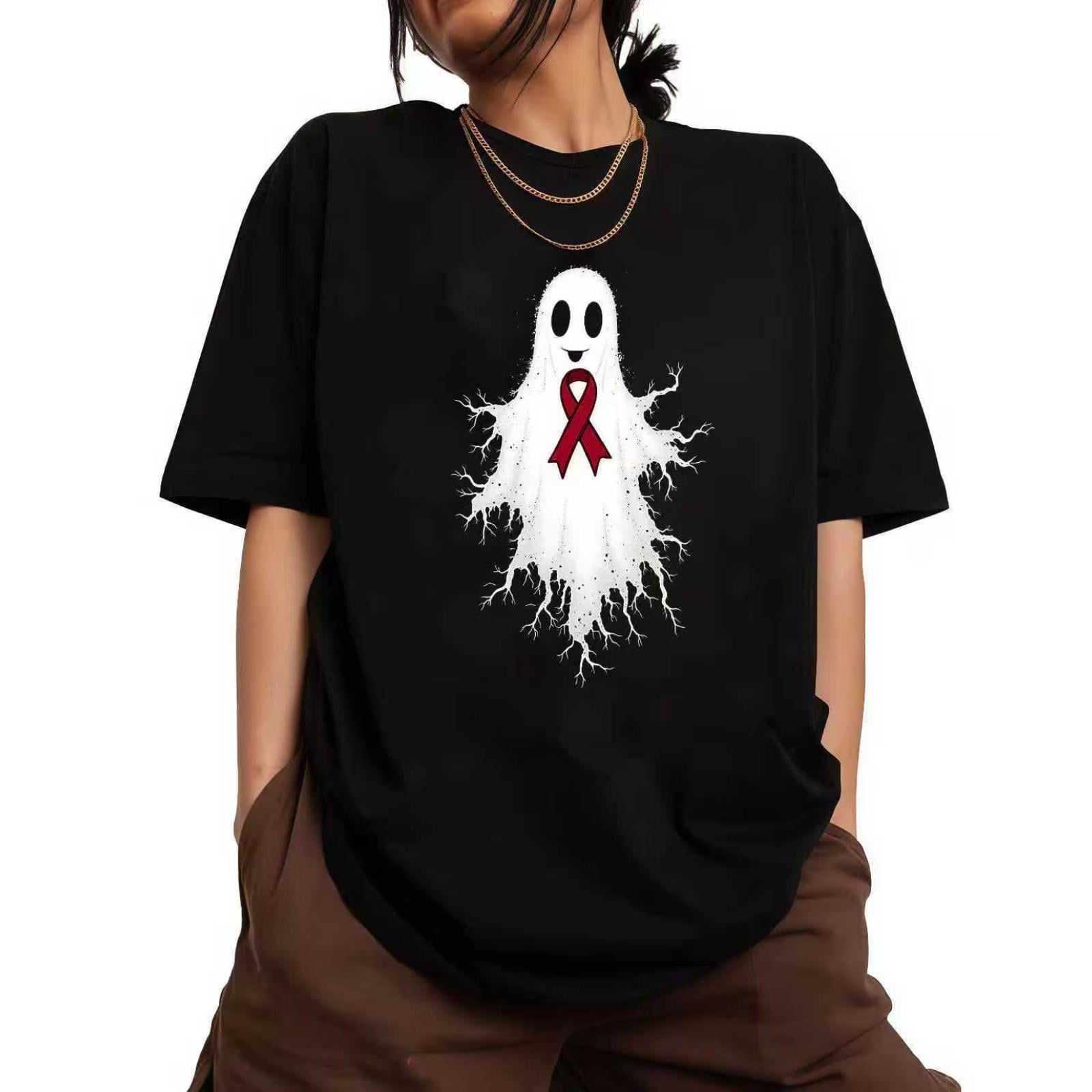Casual Tops For Women,"White Ghost with a Red Ribbon"Print Tees,Crew ...