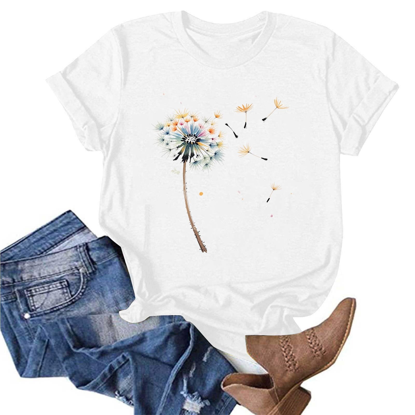 Casual Tops for Women Floral Graphic Round Neck Shirts Short Sleeve ...