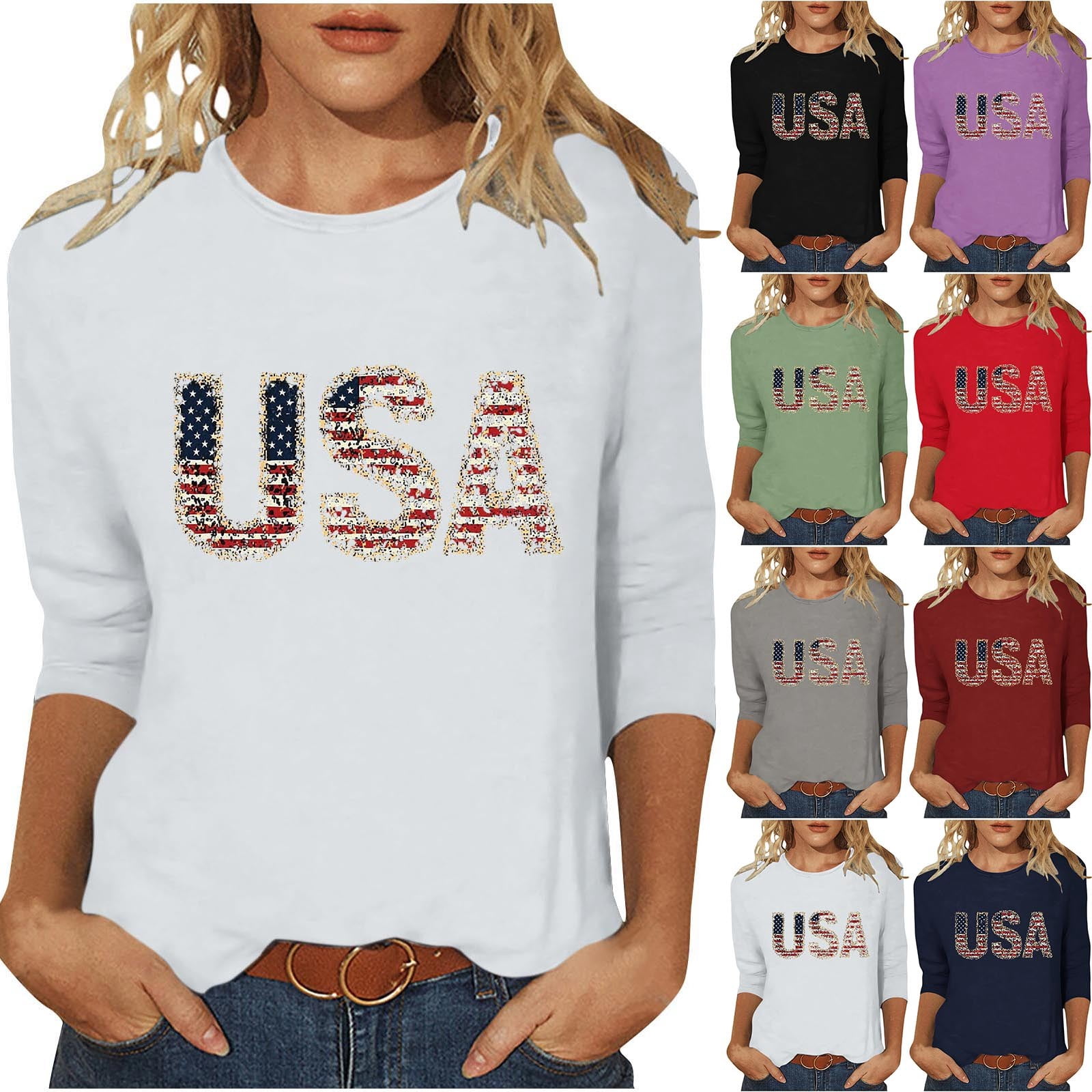 Casual Tops for Women Women's Independence Day Printed Round-Neck Three ...