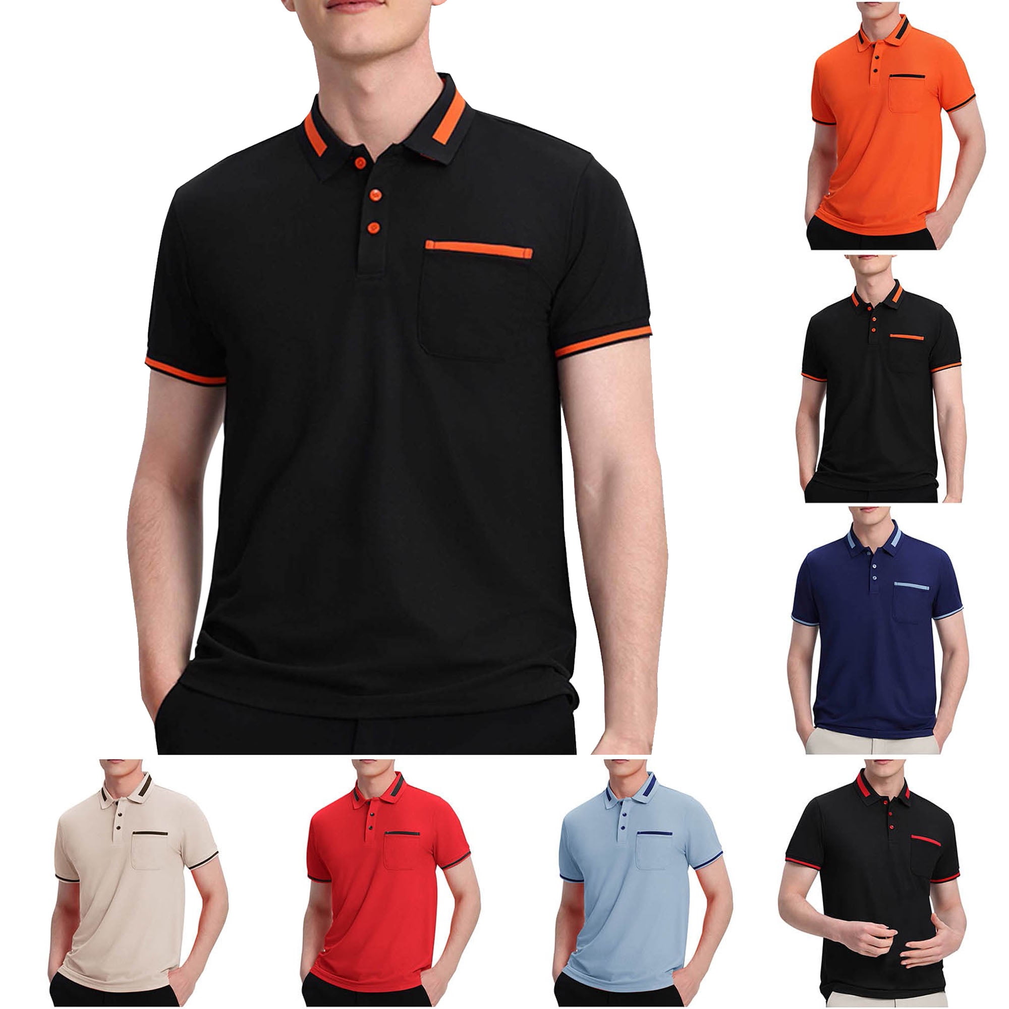 Casual Tops for Men Men Solid-Color Casual Button Pocket Short Sleeve ...