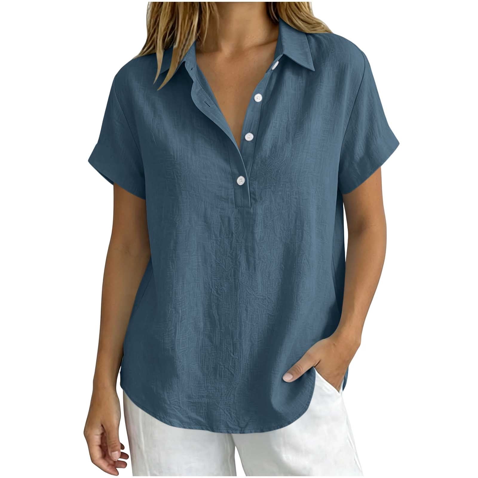 Casual Tops for Women Summer Short Sleeve Lapel Button Linen Shirts ...