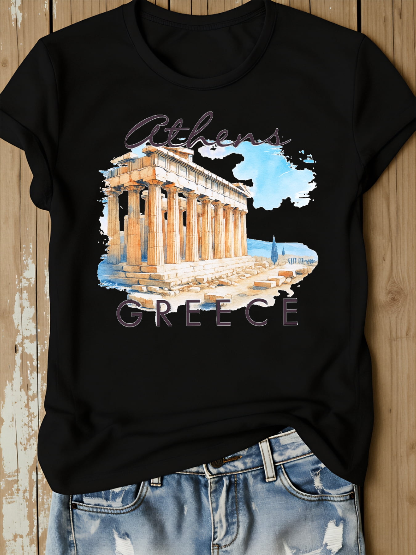 Casual Travel Outfit Featuring a Women'S T-Shirt with a Parthenon Print ...