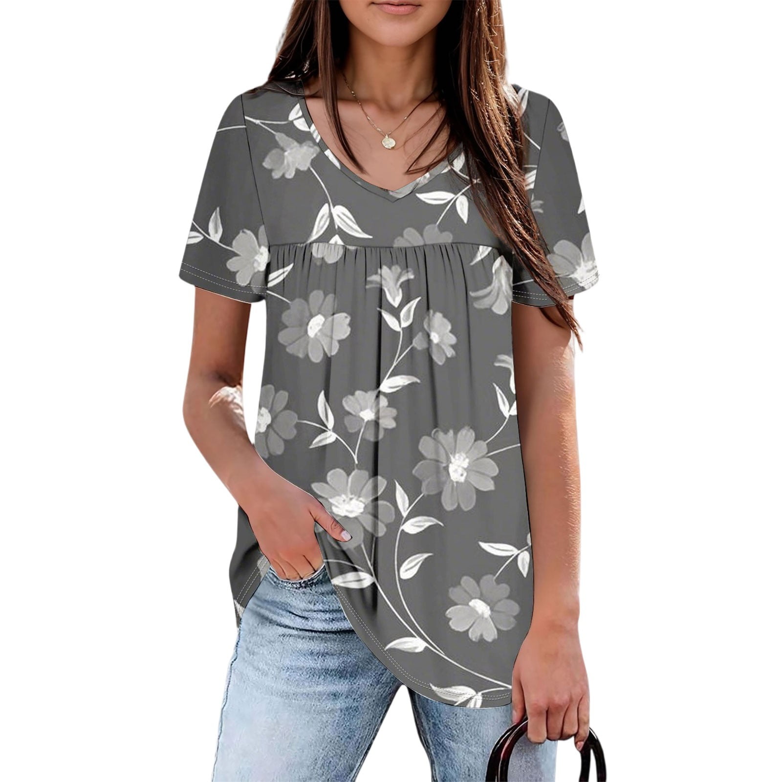 Casual V-Neck Blouse Chest Pleated Vacation Wear, Hawaiian Shirts for ...