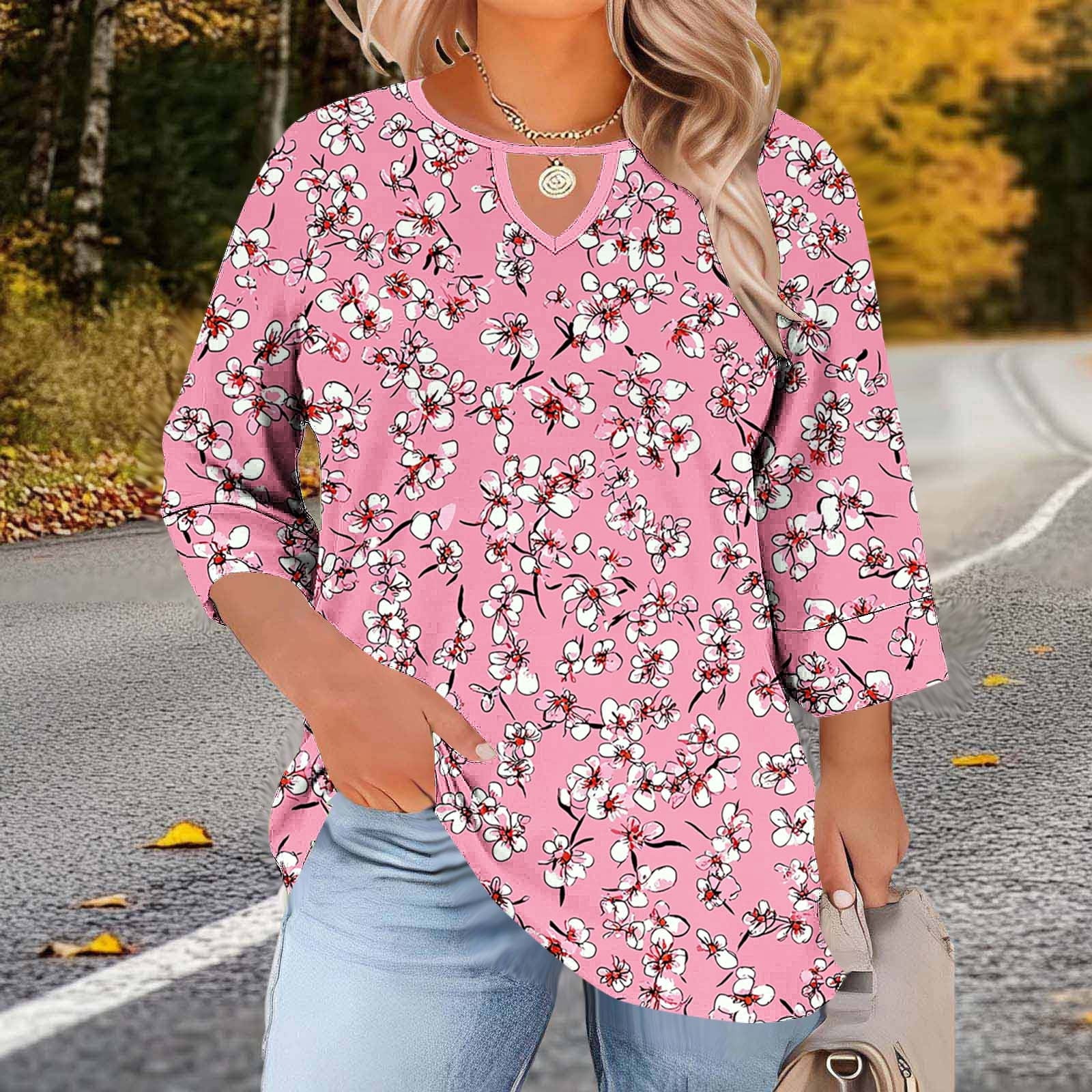 Casual V Neck Blouse for Women Floral Leaf Graphic 3/4 Sleeve Side Slit ...