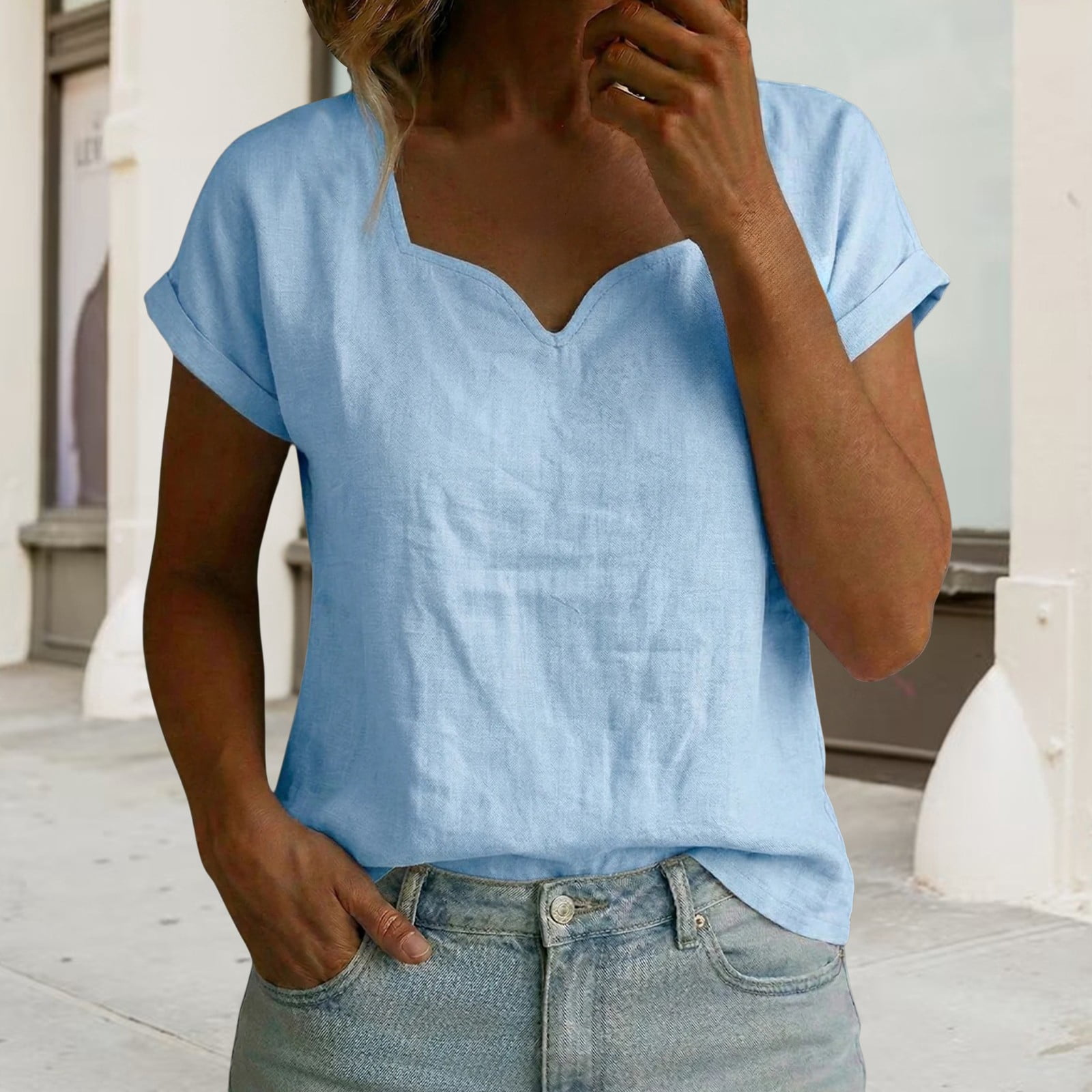 Casual V Neck Solid Color Short Sleeve T Shirt Peach Collar Top for ...