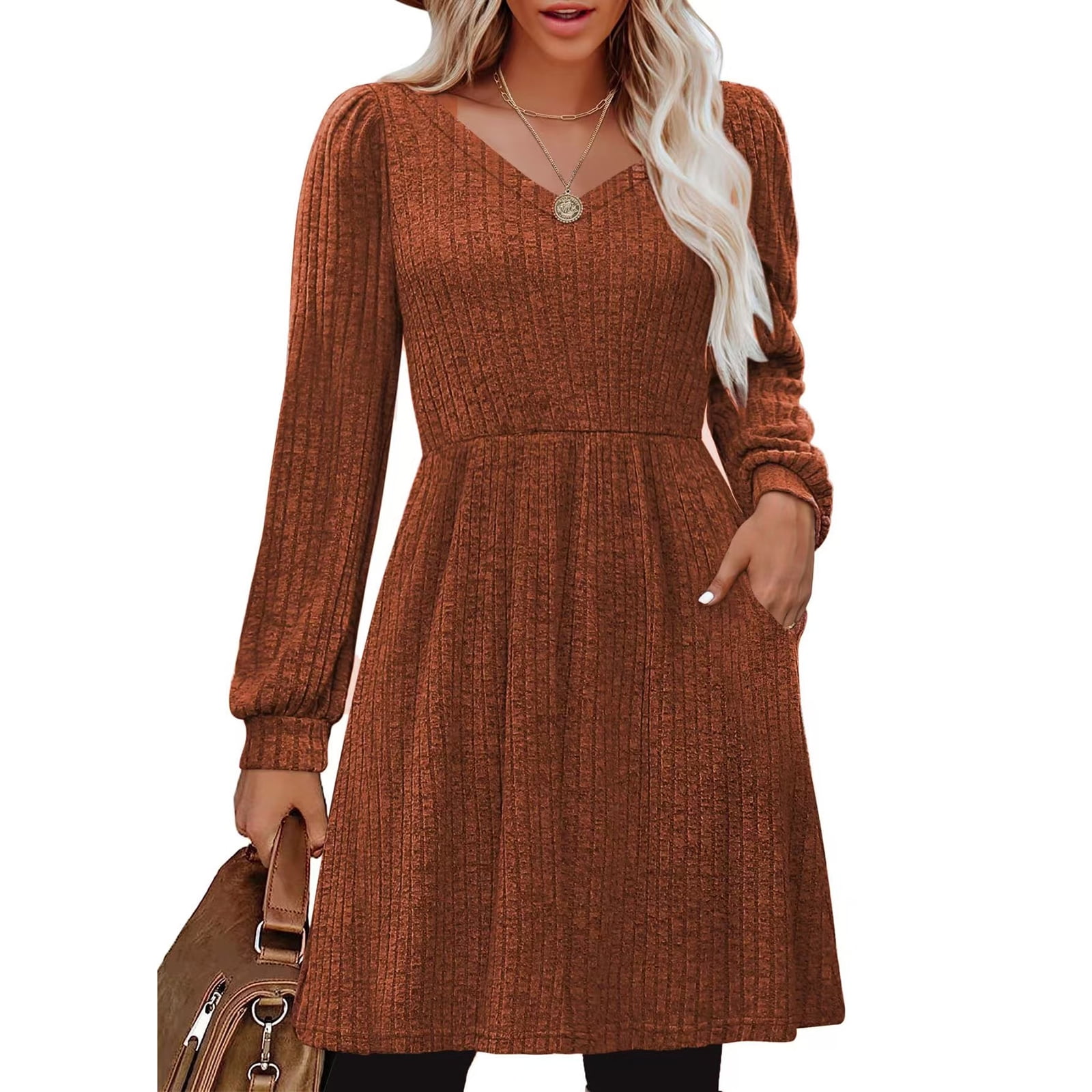 Casual V-Neck Sweater Dress, Soft Ribbed Knit with Dropped Shoulders ...
