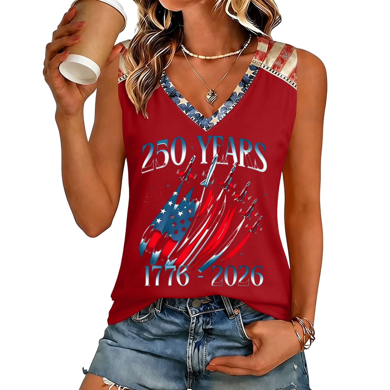 Casual V Neck Tank Top For Women Star Stripes Flag Airplane 250 Years ...