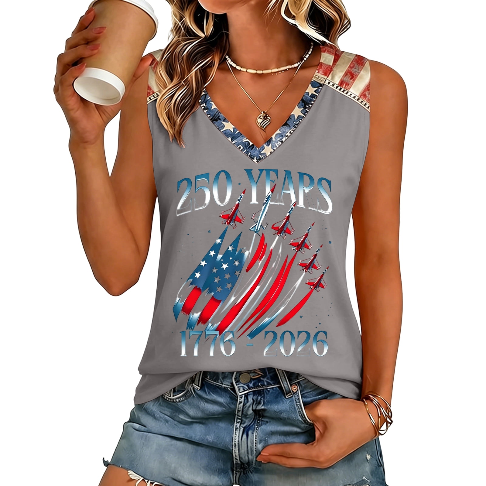 Casual V Neck Tank Top For Women Star Stripes Flag Airplane 250 Years ...