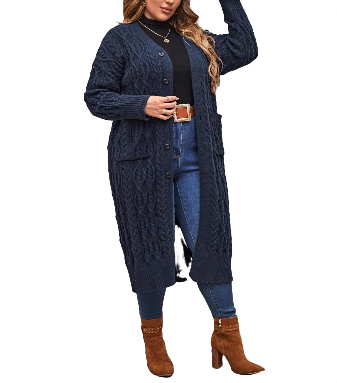 Casual V neck Coat Long Sleeve Navy Blue Plus Size Cardigans (Women's ...