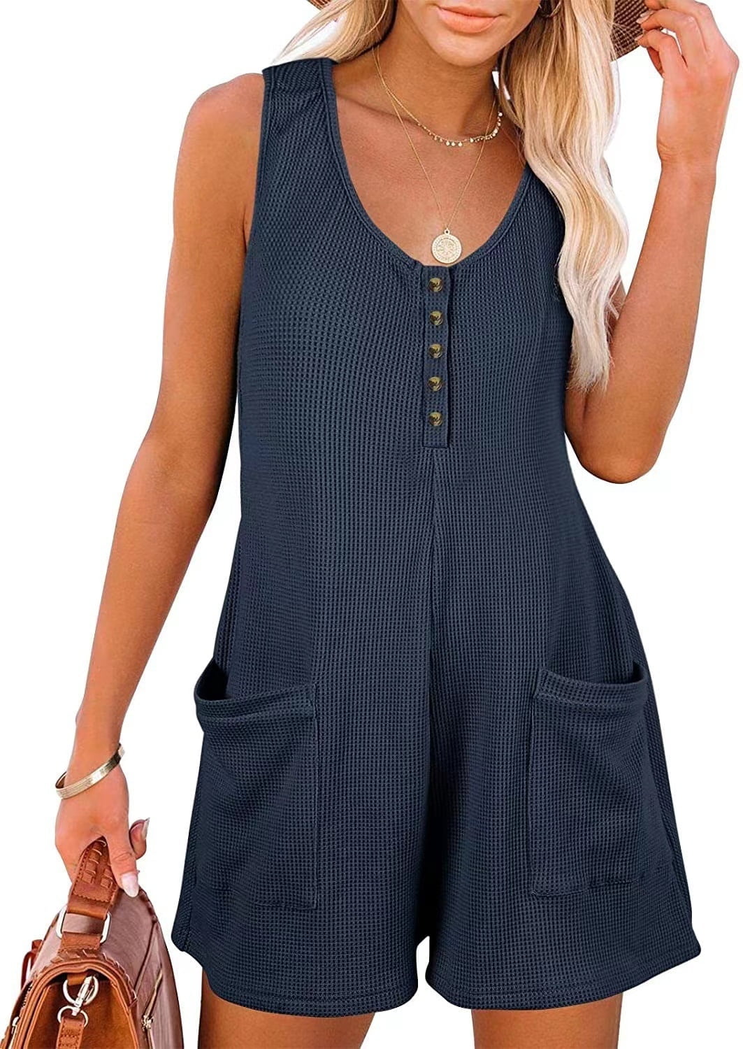 Casual Waffle Button Jumpsuit With Pockets Fashion Summer Beach ...