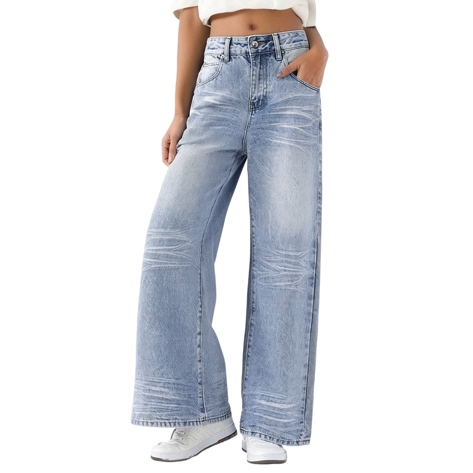 Casual Washed Design Jeans - Unisex Loose Straight Leg Mopping Trousers ...