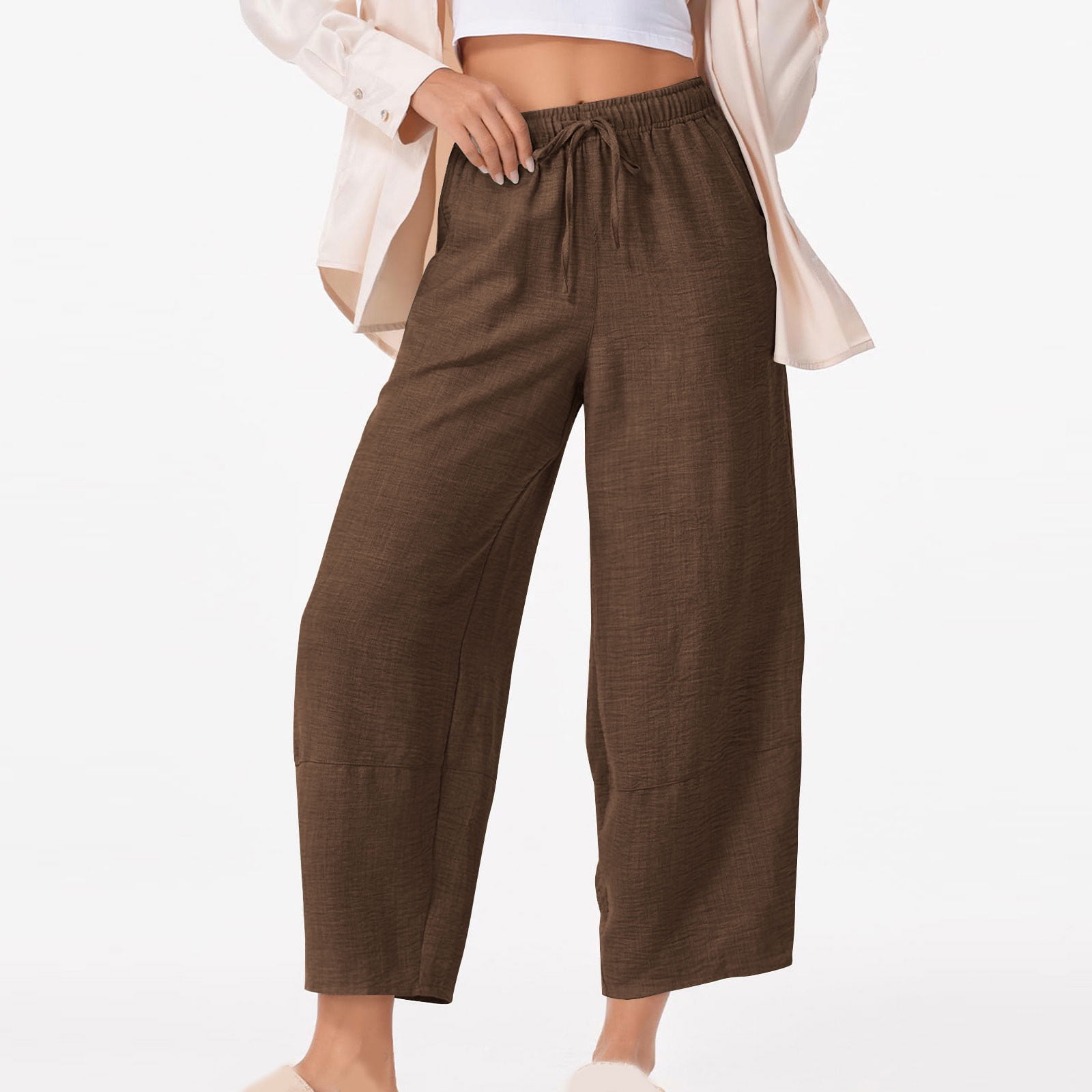 Casual Wide Leg Ankle Pants, Solid Color Drawstring Design, Side ...
