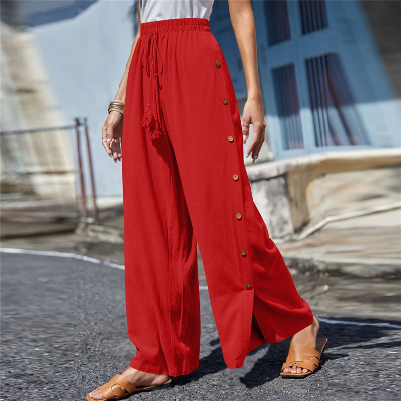 Casual Wide Leg Linen Pants for Women Elastic High Waist Tie Side Split ...