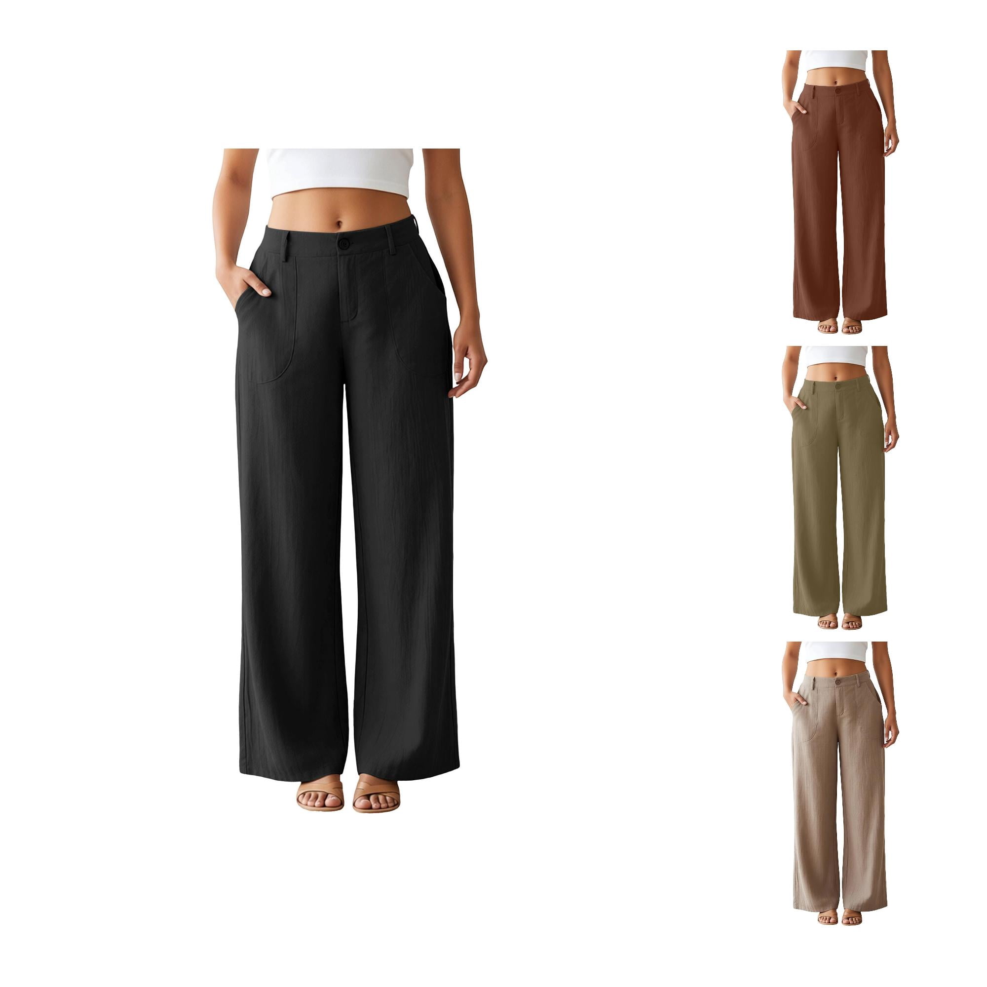 Casual Wide Leg Pants Mid Rise Long Trousers Solid Work Daily Pocket ...