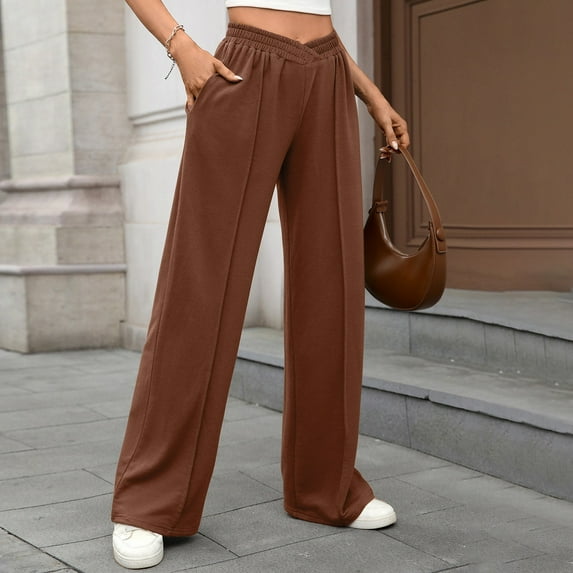 Casual Wide Leg Pants for Women Brown Pants Elastic Waist Pants Pull on ...