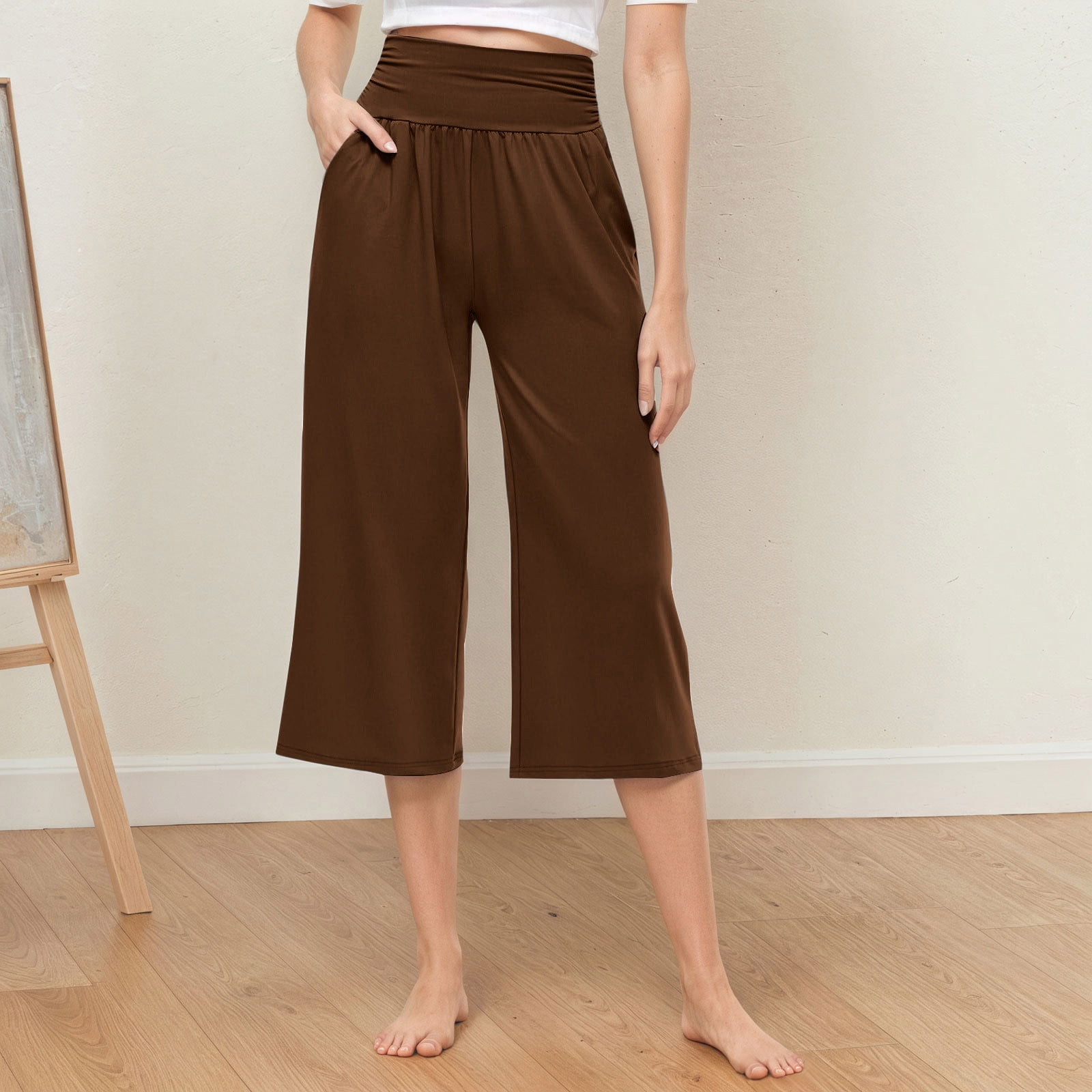 Casual Wide Leg Pants for Womens Coffee Pants Elastic Waist Beach Pants ...