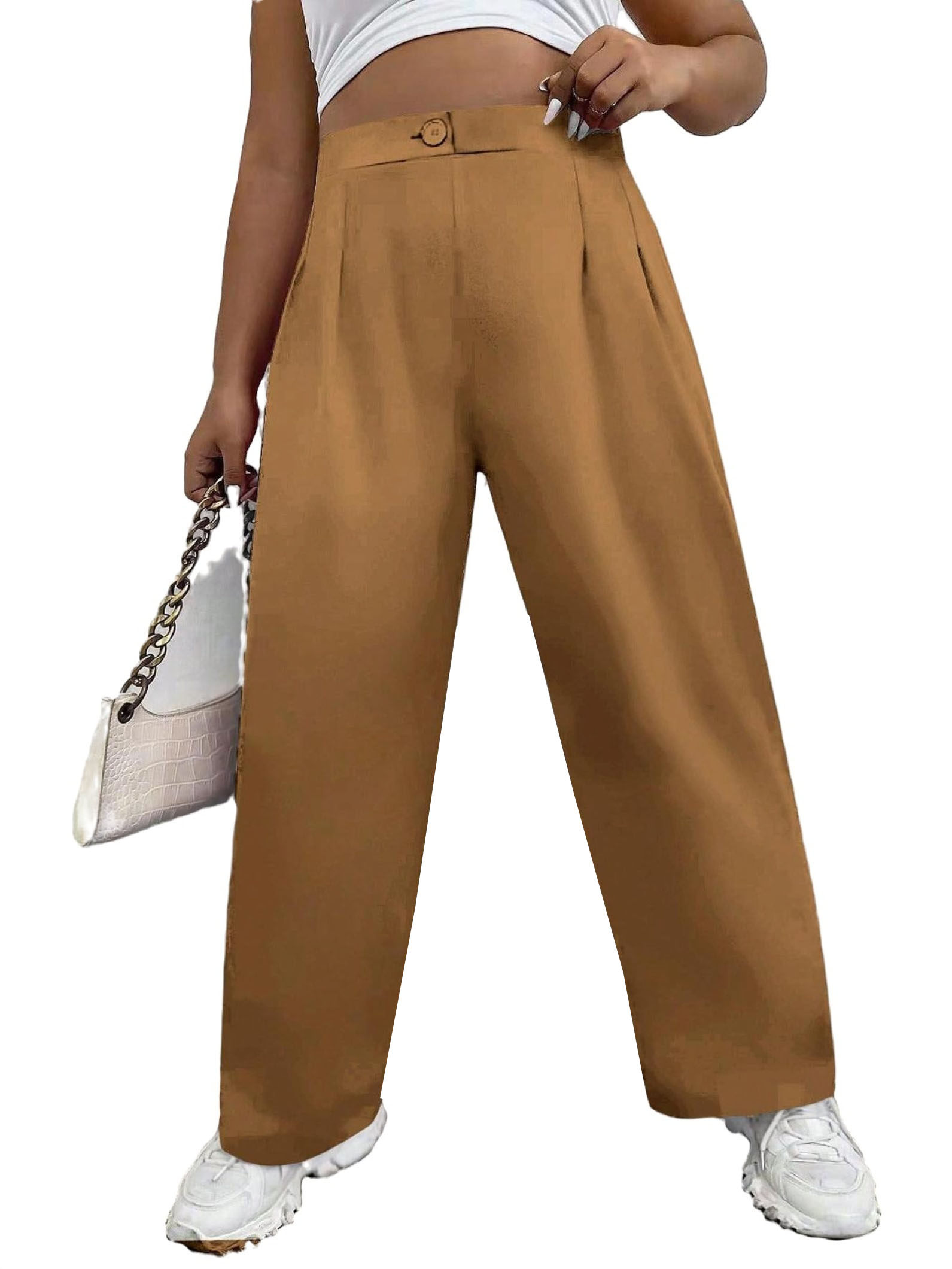 Casual Wide Leg Plain Khaki Long Plus Size Pants - Walmart.com